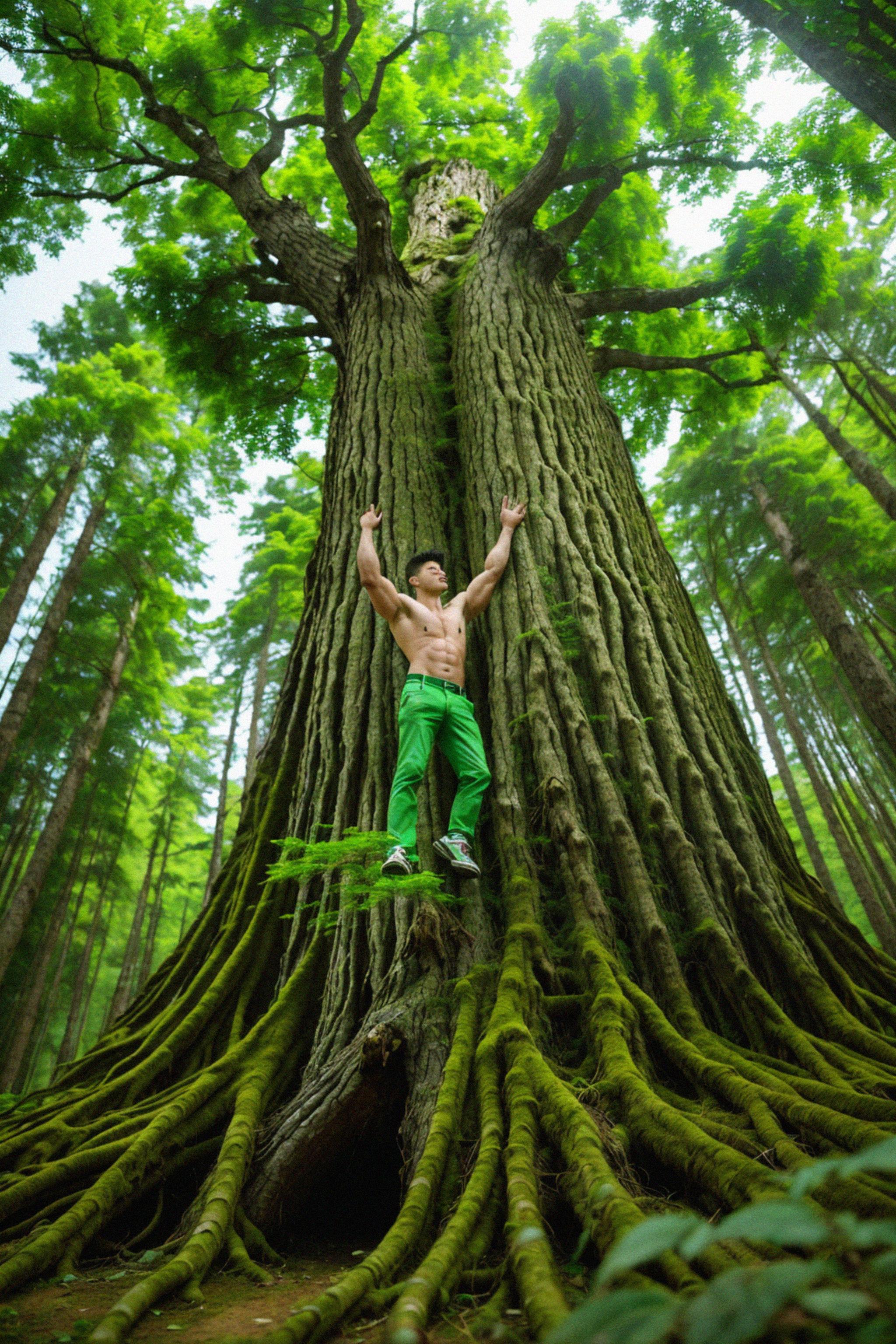 Man embracing a towering tree in a lush forest, capturing the sense of ...