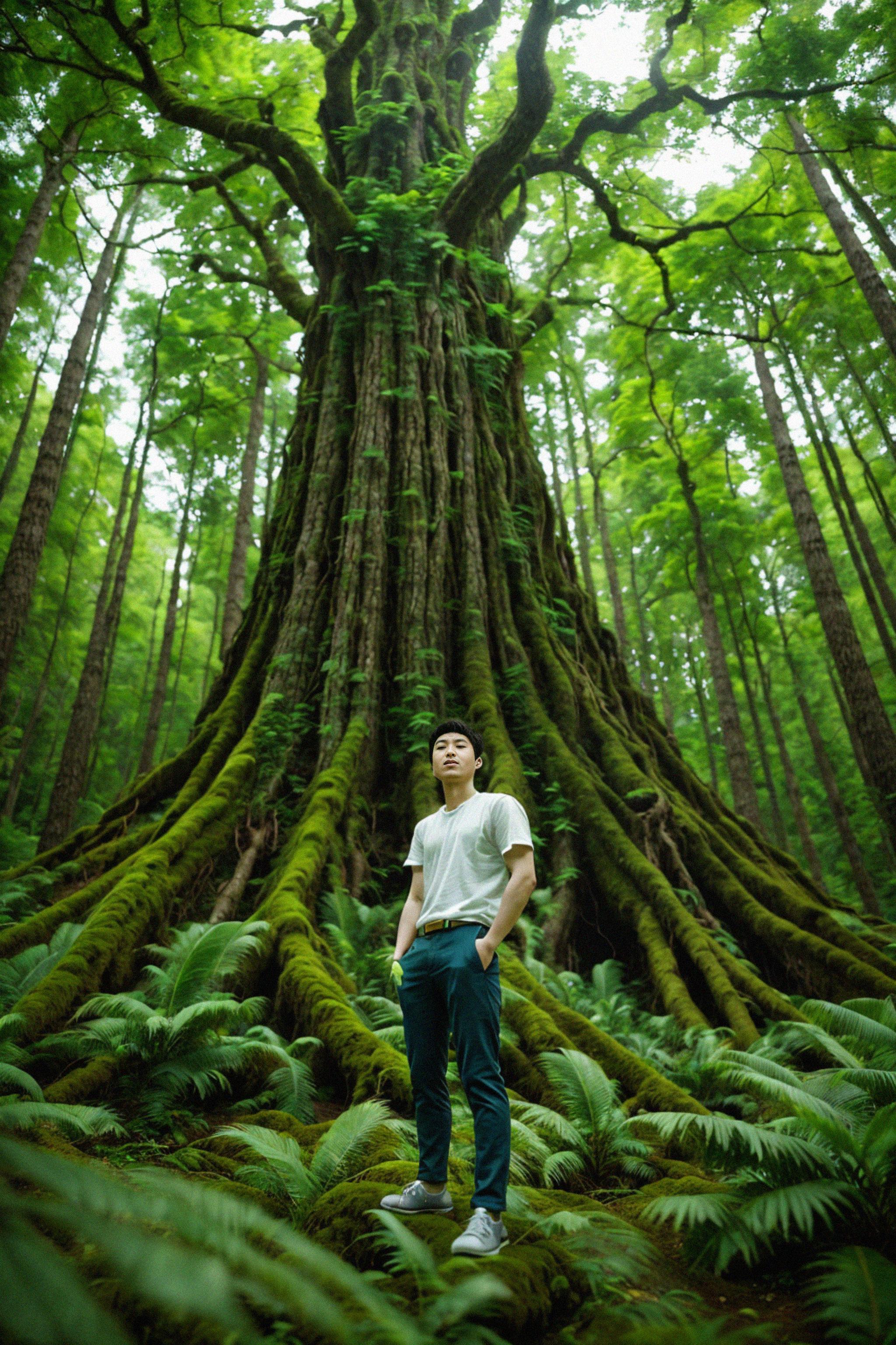 Man embracing a towering tree in a lush forest, capturing the sense of ...