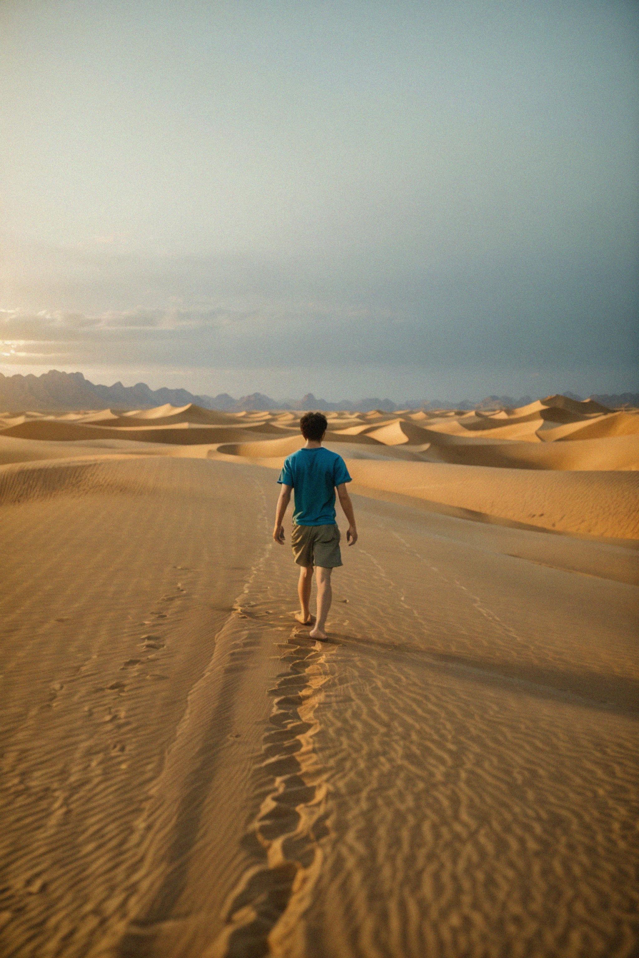 Man walking barefoot along a sandy desert dune, connecting with the raw ...