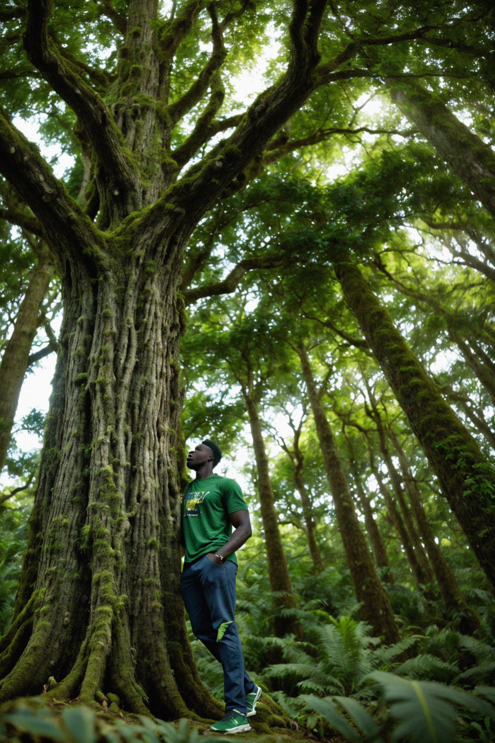 Man embracing a towering tree in a lush forest, capturing the sense of ...
