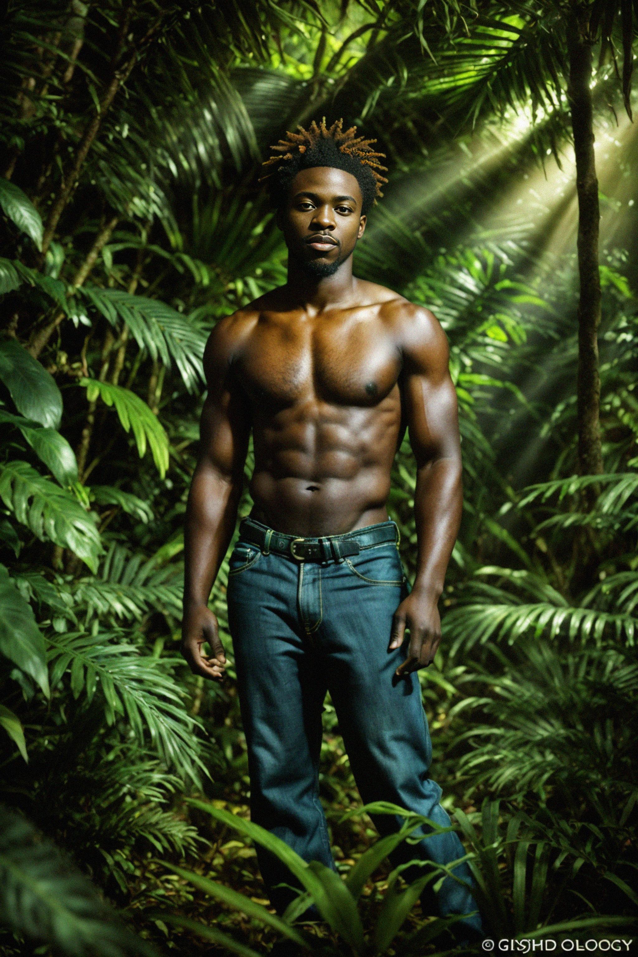 Man exploring a dense jungle, with sunlight filtering through the ...