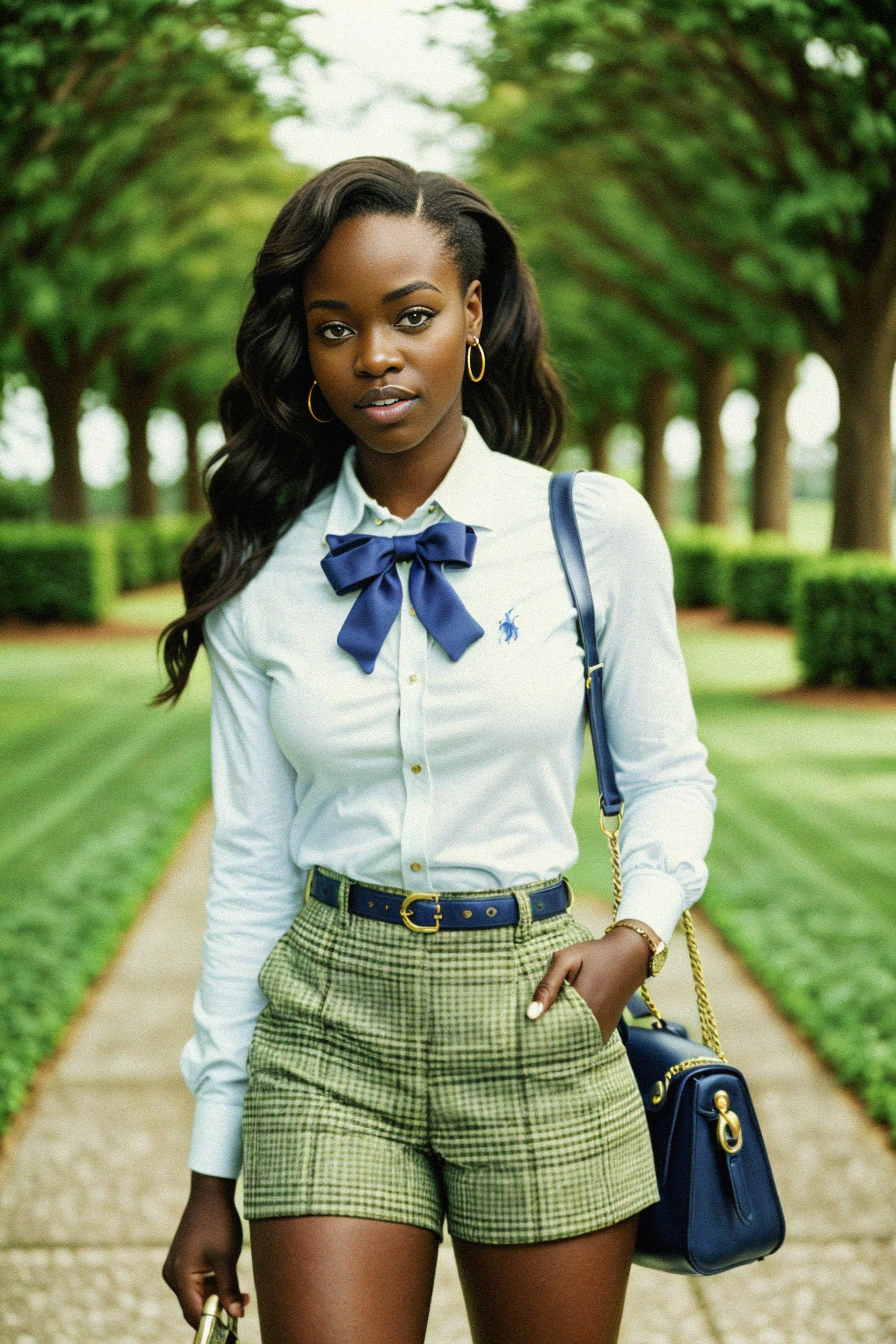 A woman in preppy style, old money aesthetic, posh style, elite school ...
