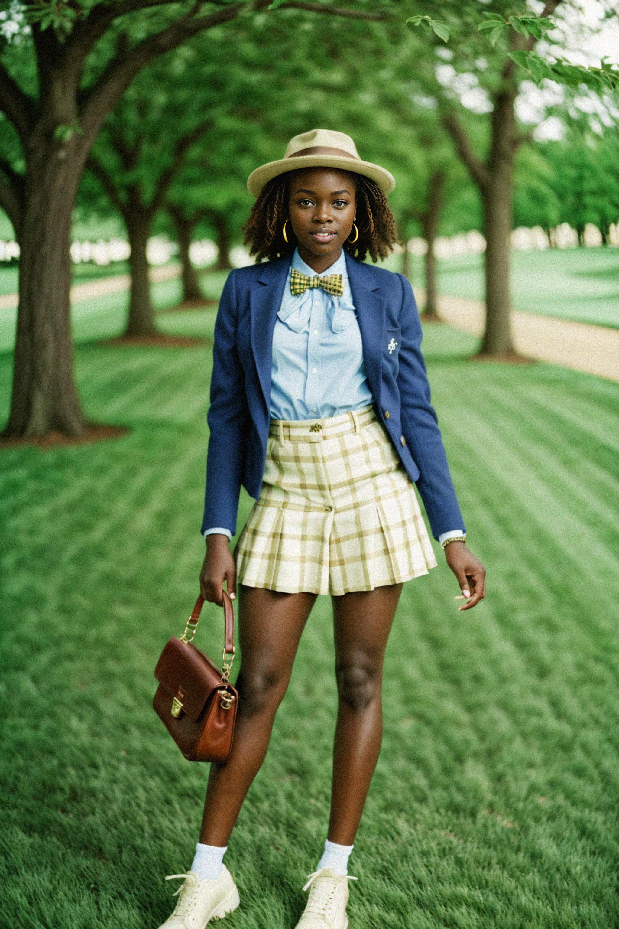 A woman in preppy style, old money aesthetic, posh style, elite school ...