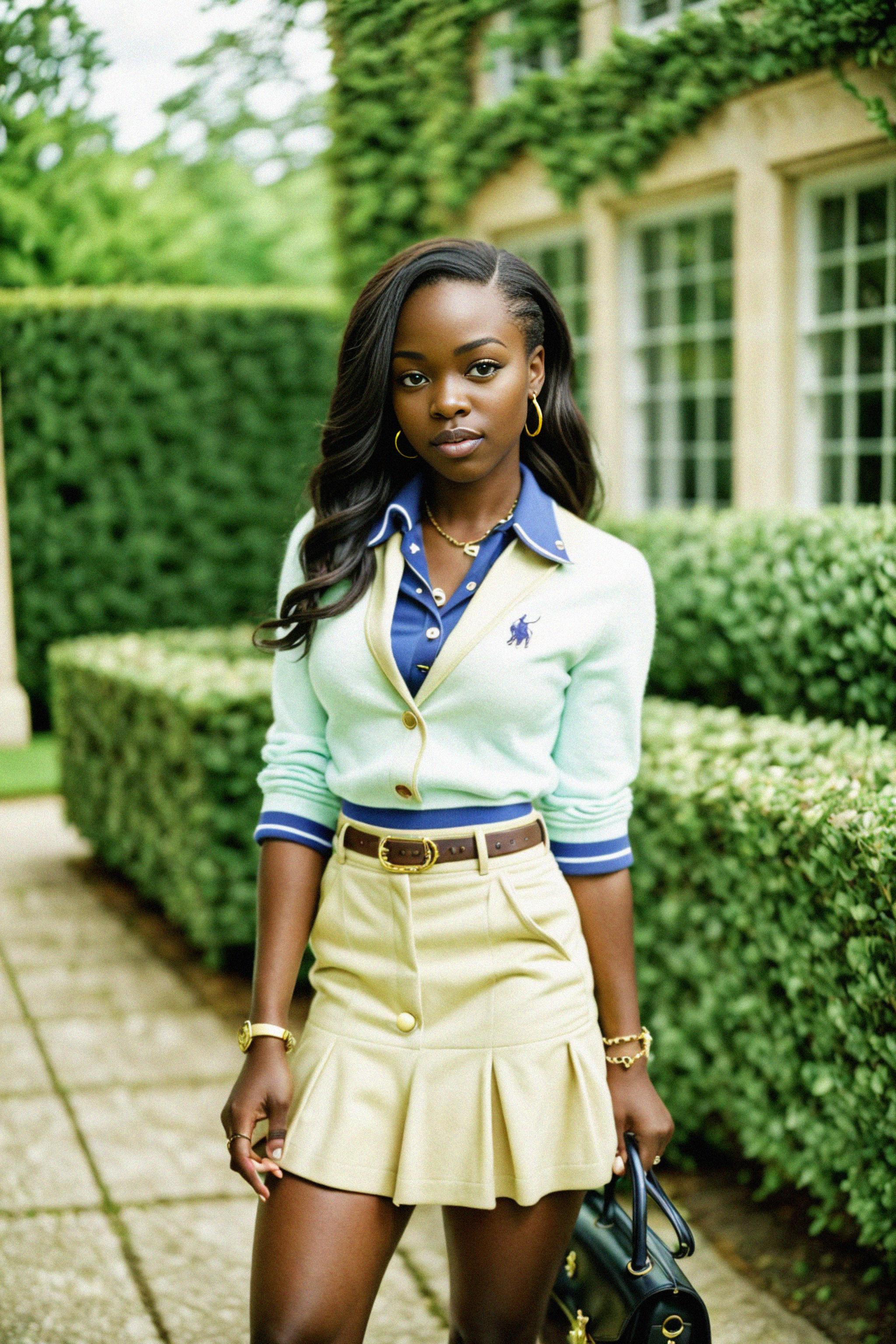 A woman in preppy style, old money aesthetic, posh style, elite school ...
