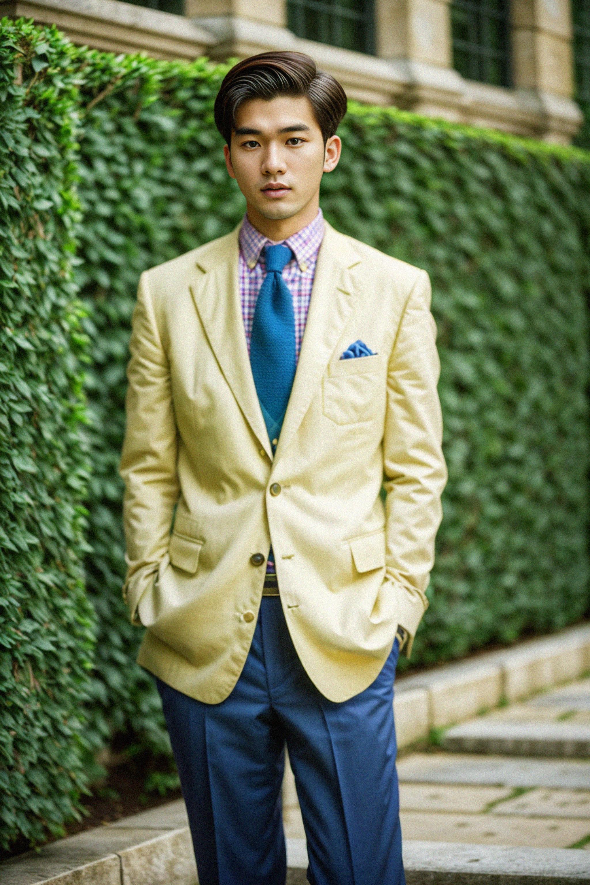 A man in preppy style, old money aesthetic, posh style, elite school ...