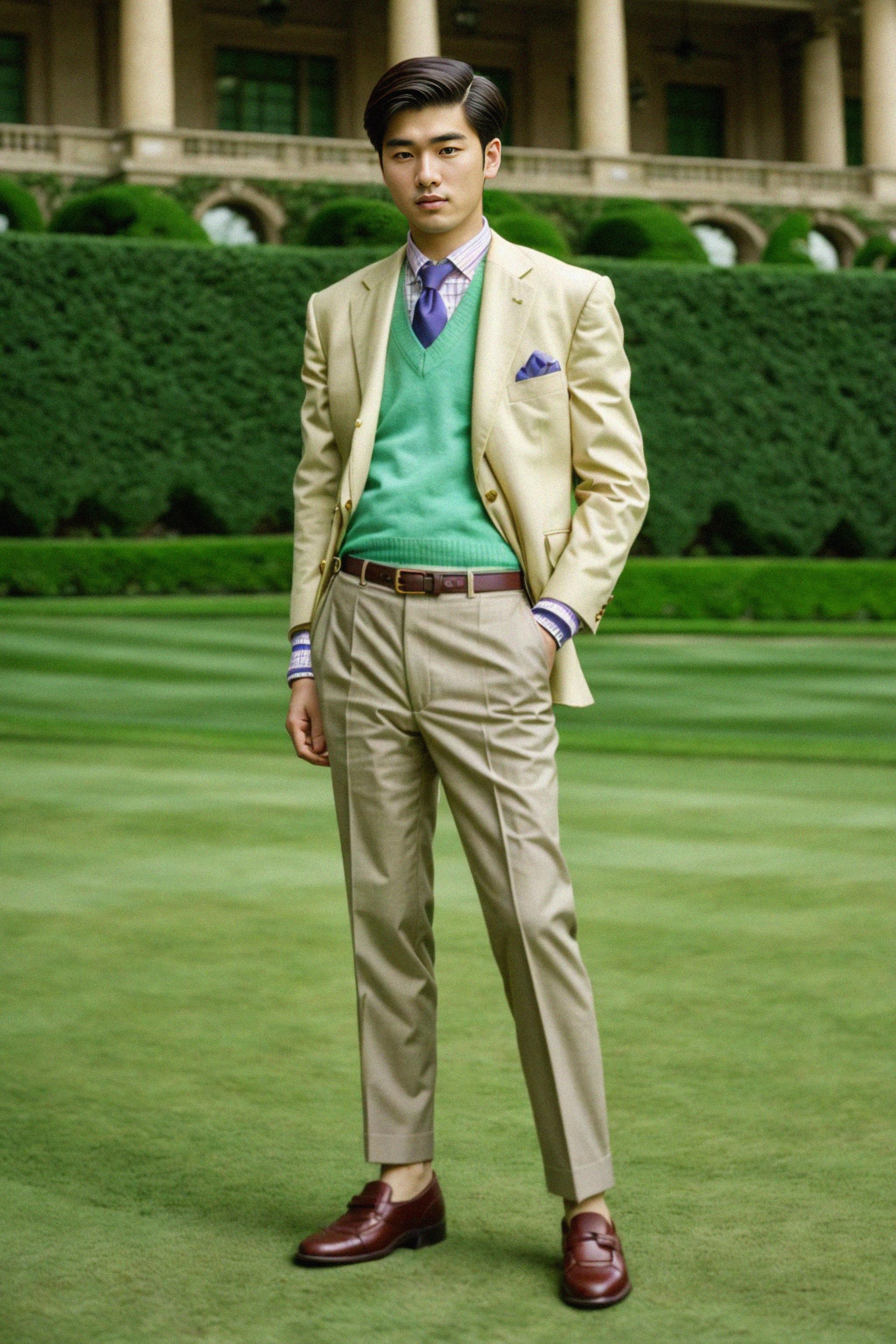 A man in preppy style, old money aesthetic, posh style, elite school ...