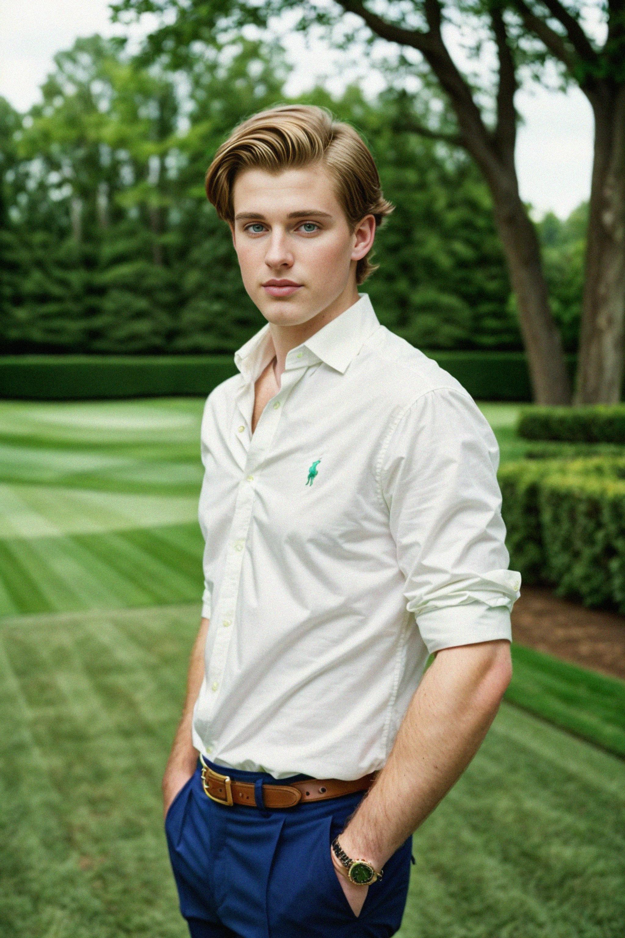 A man in preppy style, old money aesthetic, posh style, elite school ...