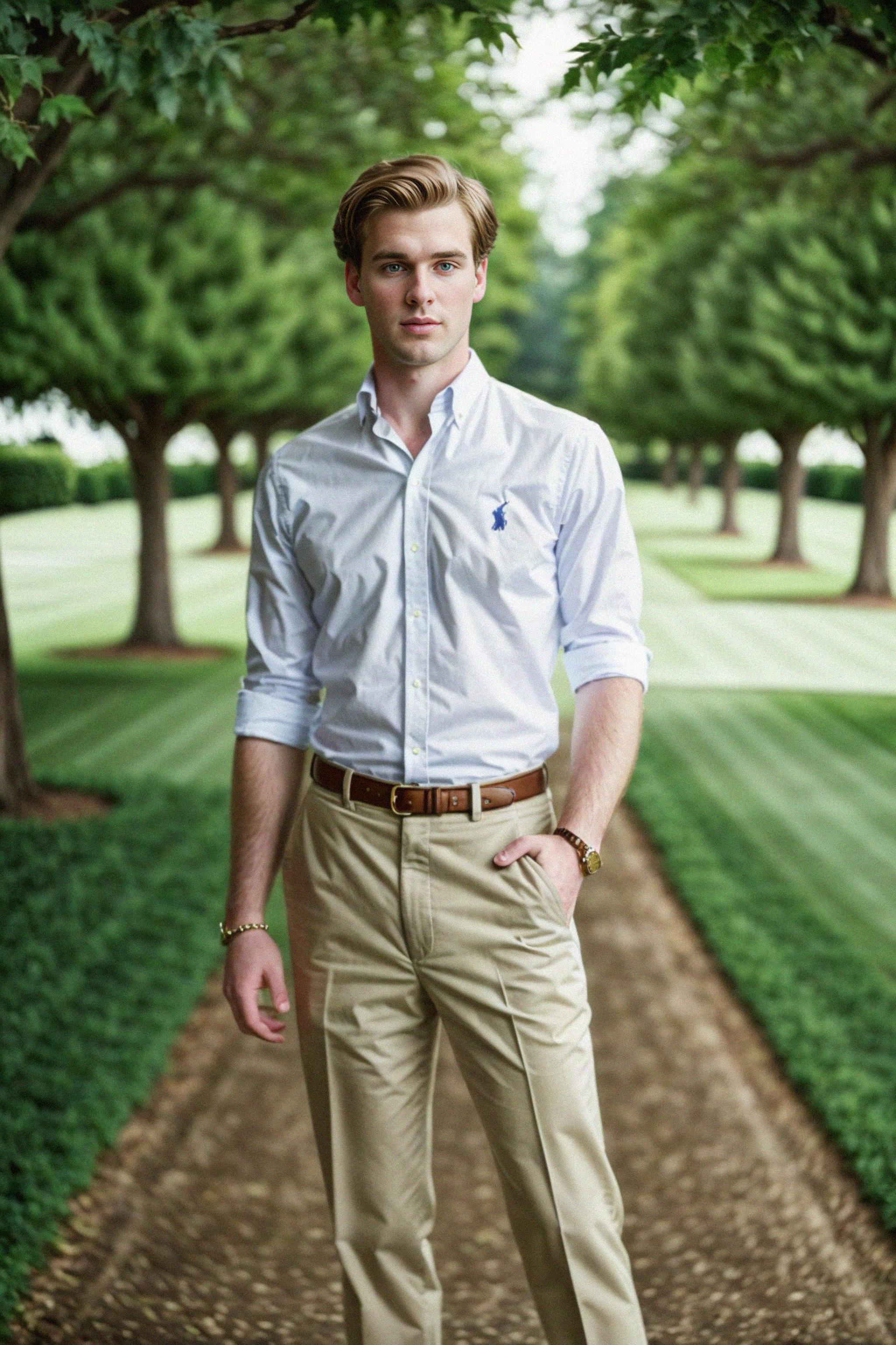 A man in preppy style, old money aesthetic, posh style, elite school ...