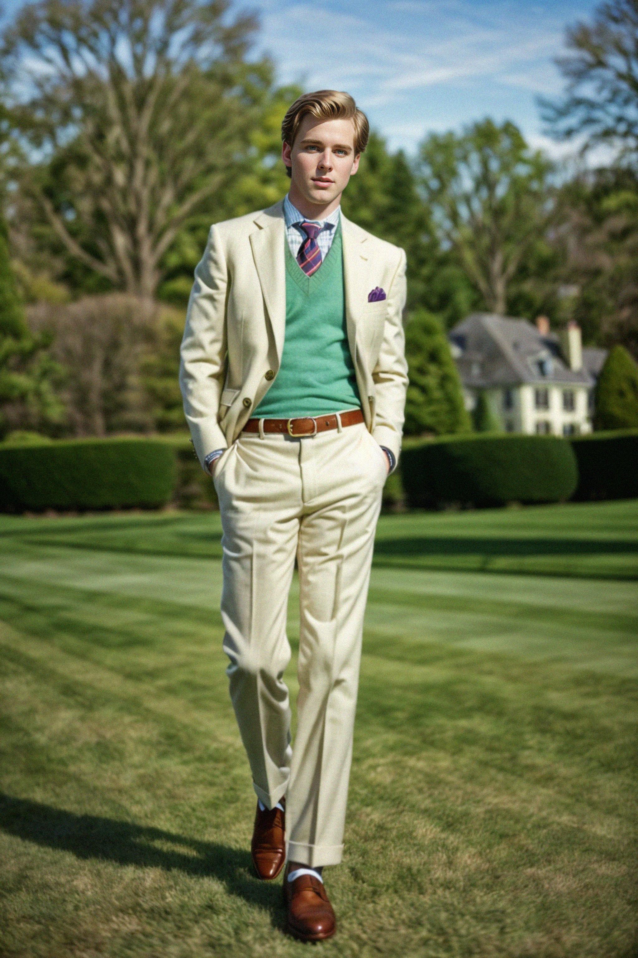 A man in preppy style, old money aesthetic, posh style, elite school ...