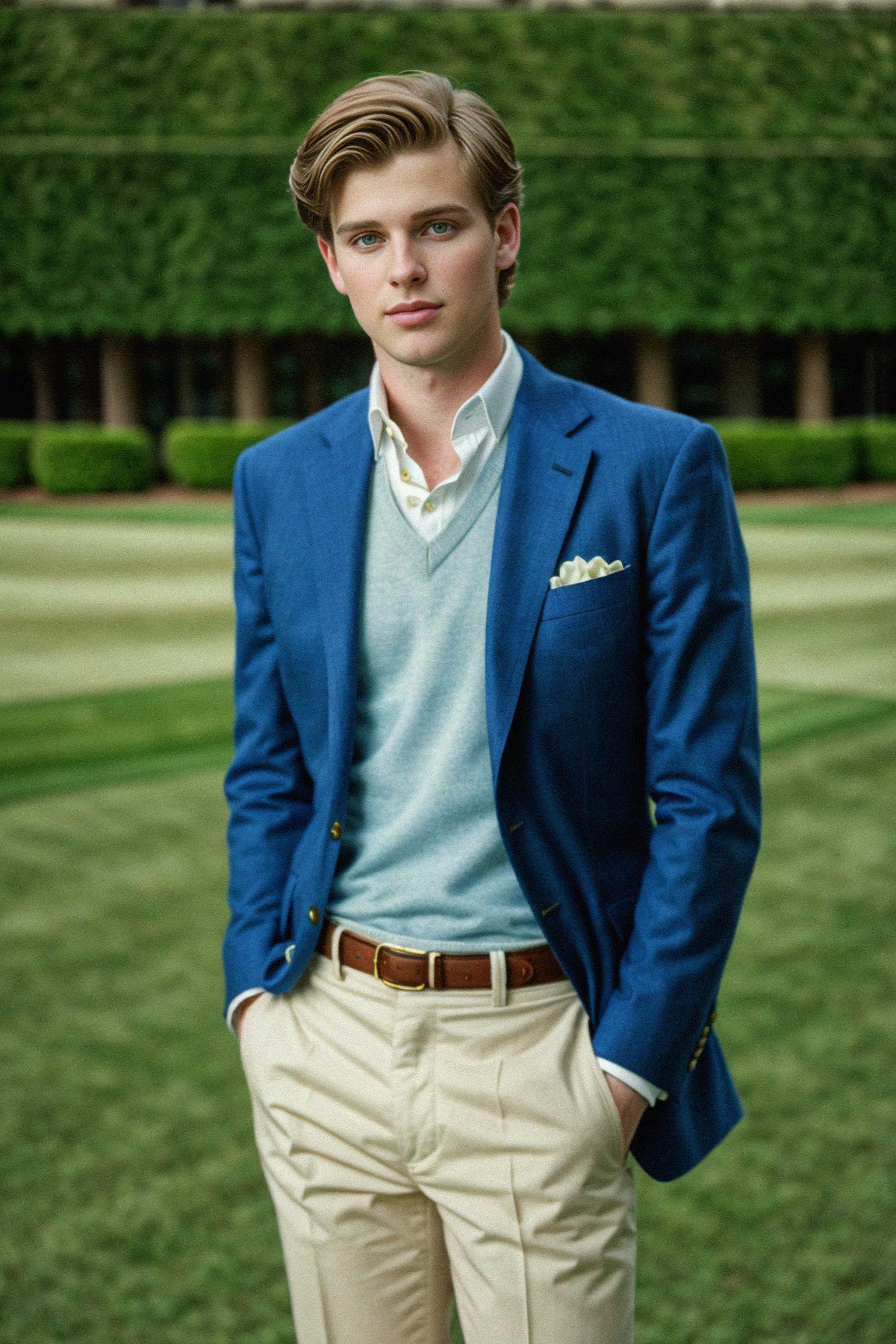 A man in preppy style, old money aesthetic, posh style, elite school ...