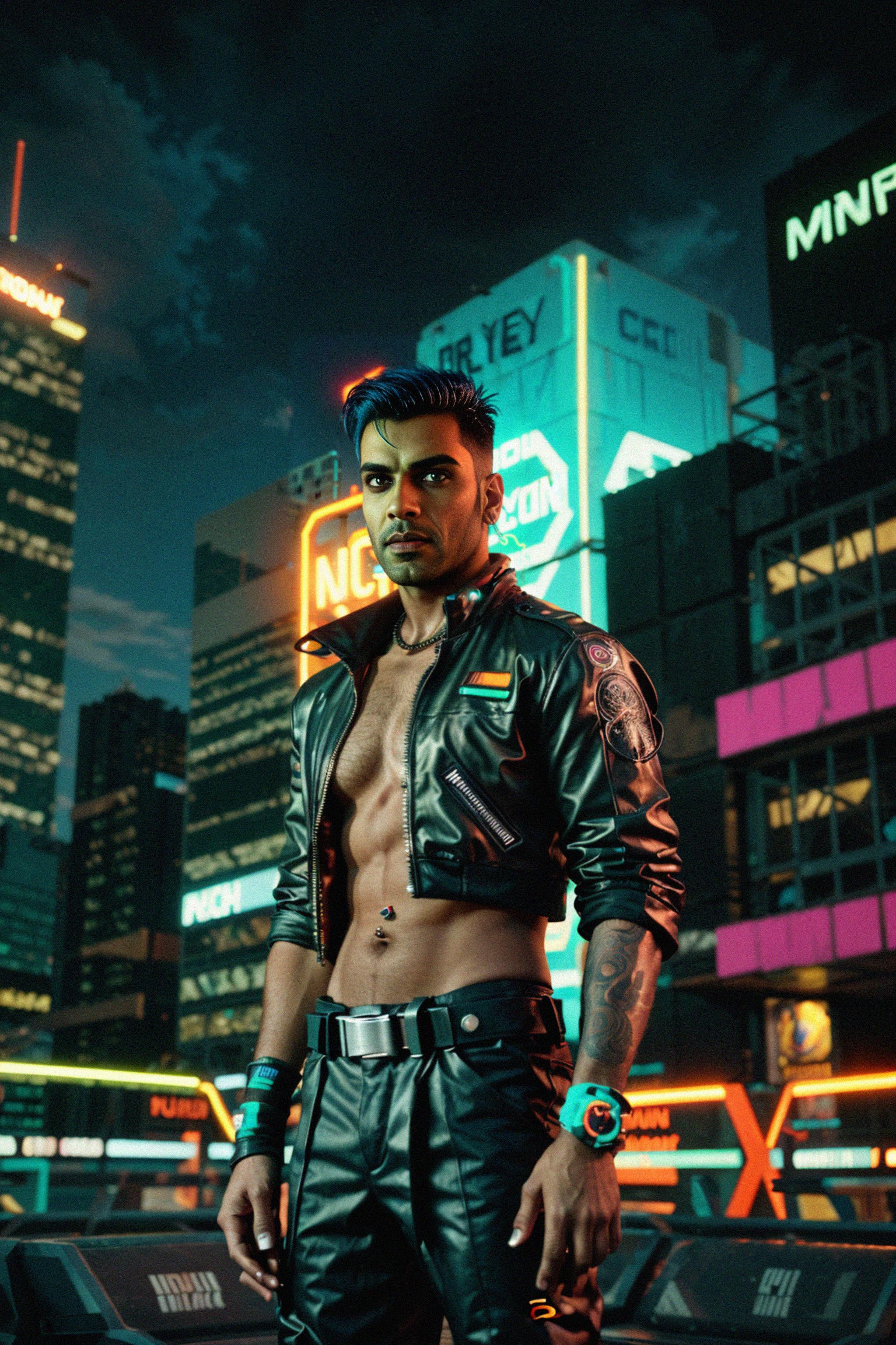 Cyberpunk man with futuristic cyberpunk neon clothes standing in ...