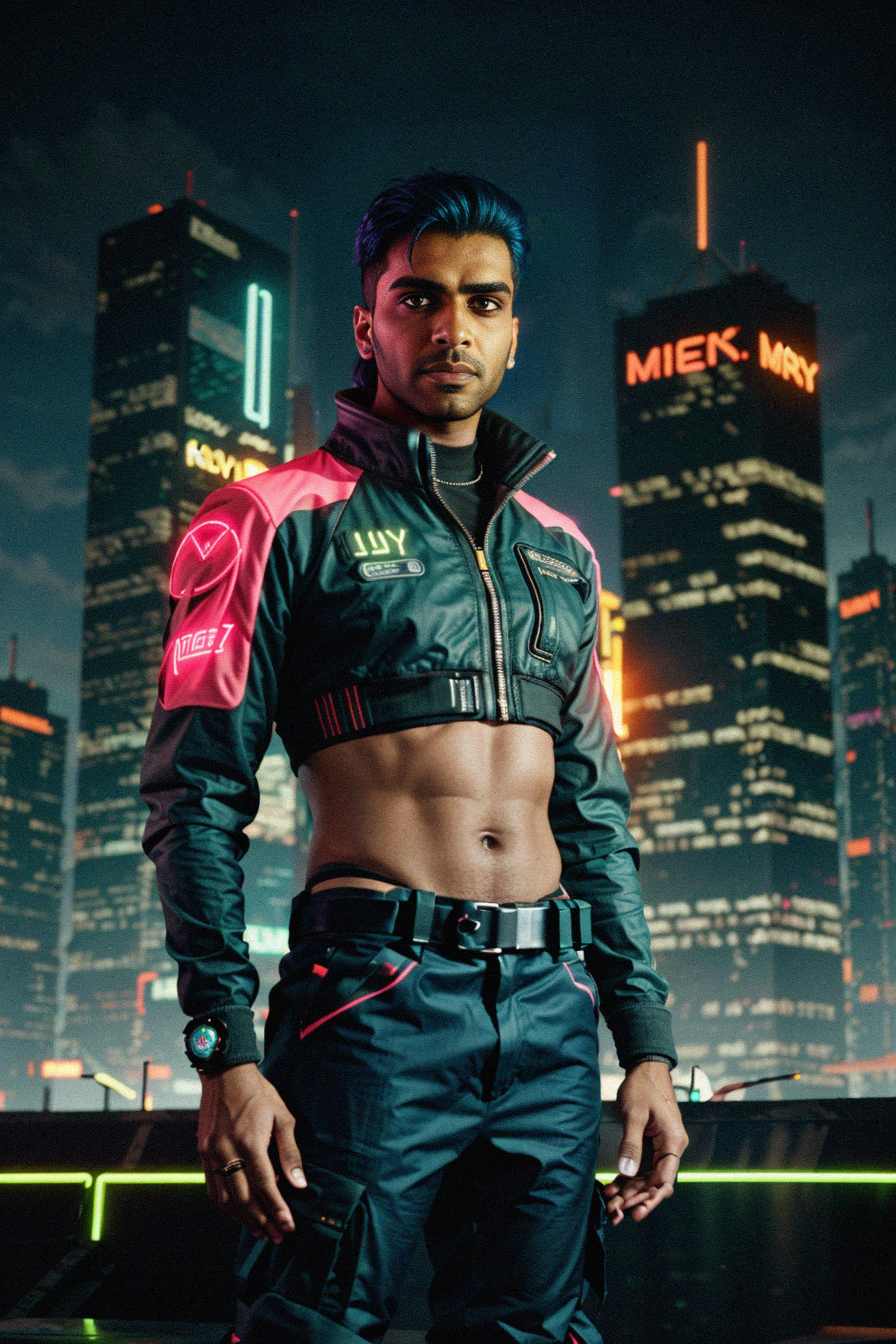 Cyberpunk man with futuristic cyberpunk neon clothes standing in ...