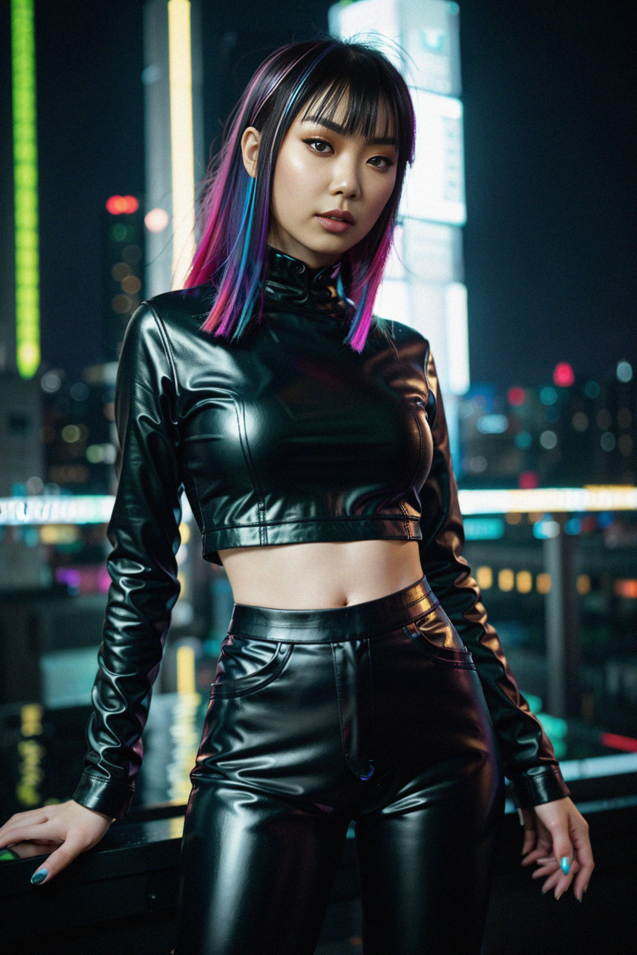 Woman wearing sleek leather pants with neon highlights and holographic ...