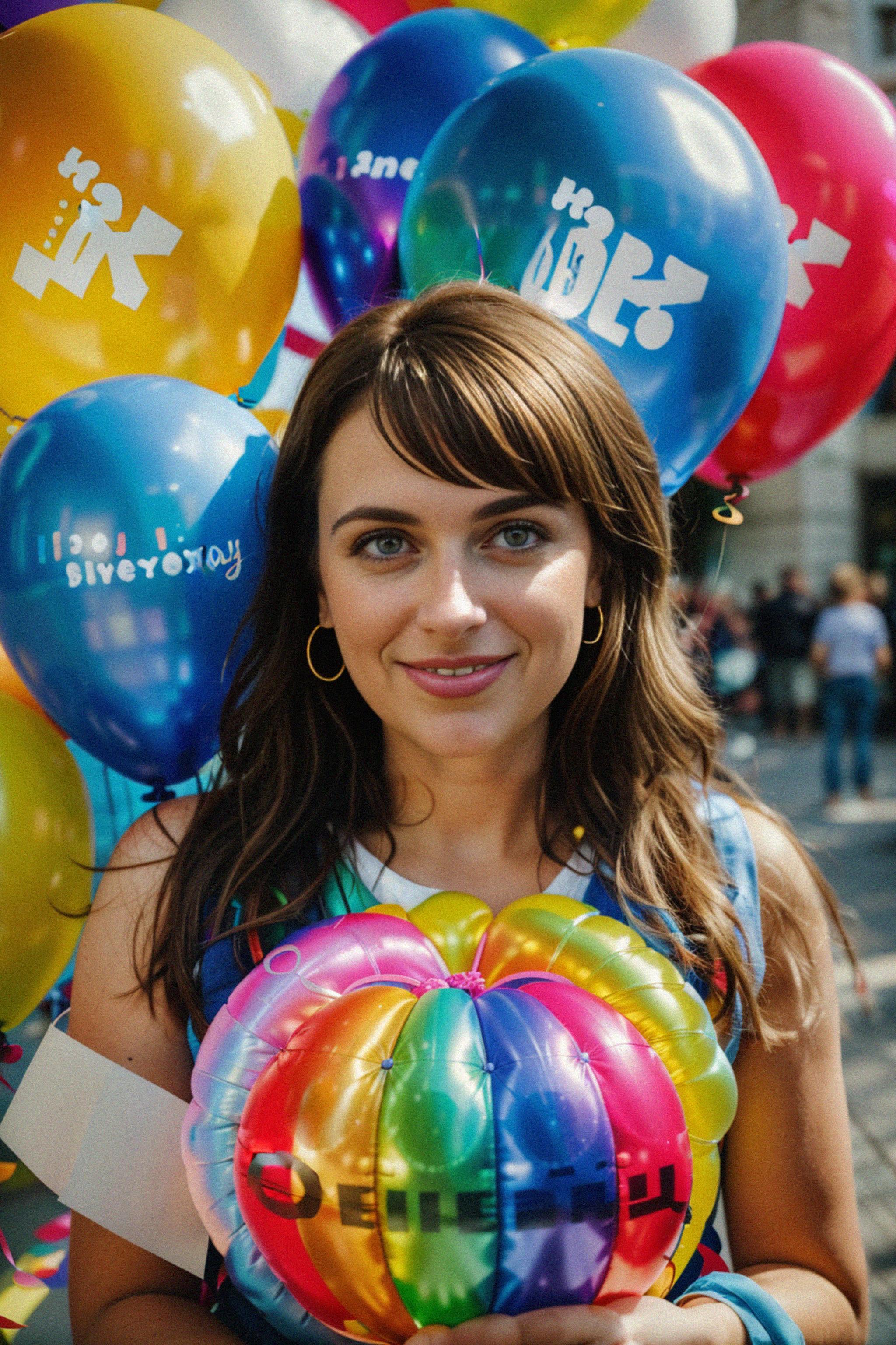 A person surrounded by colorful balloons, holding a "Happy Birthday ...