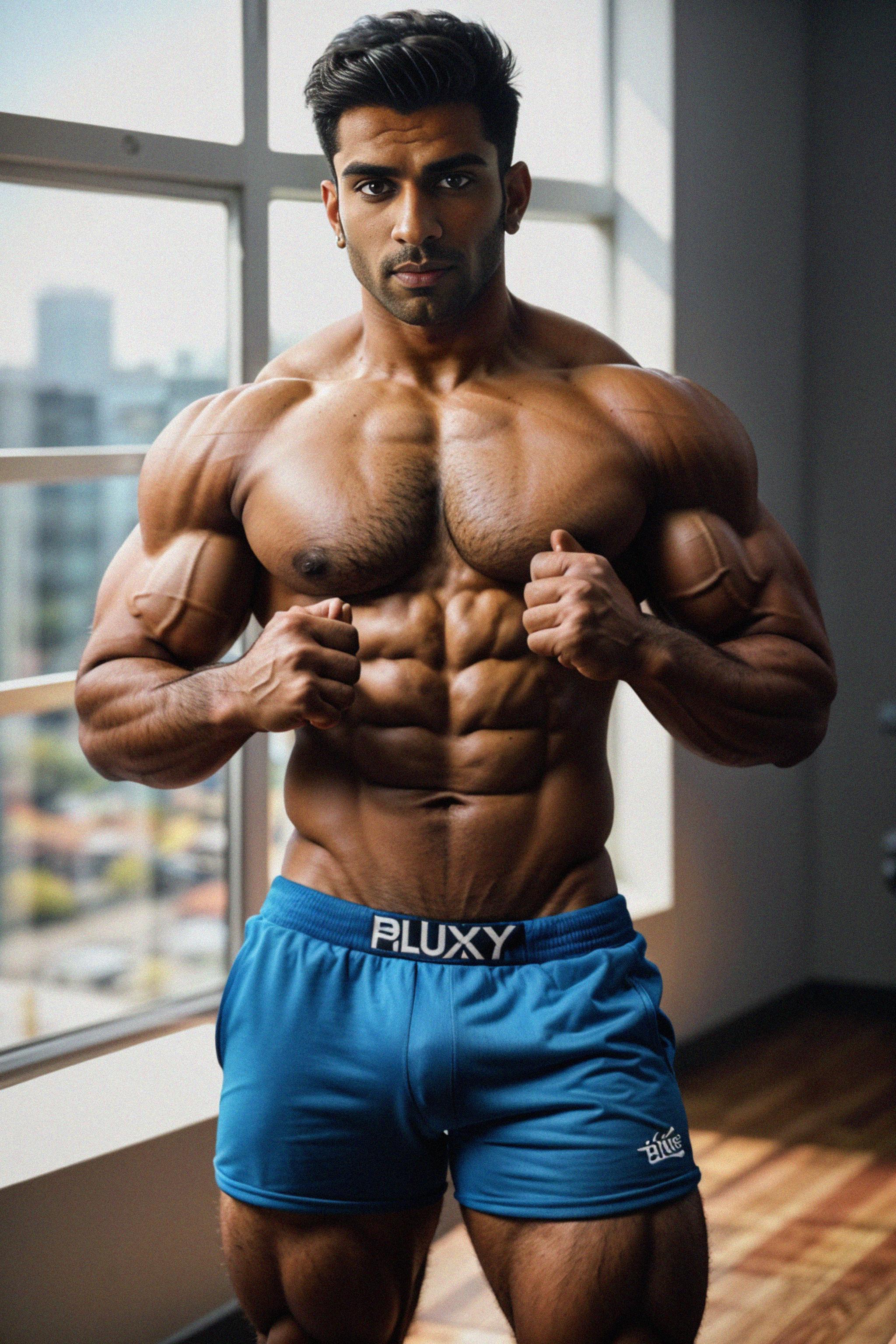 A fit male man as fitness influencer wearing posing trunks in the ...