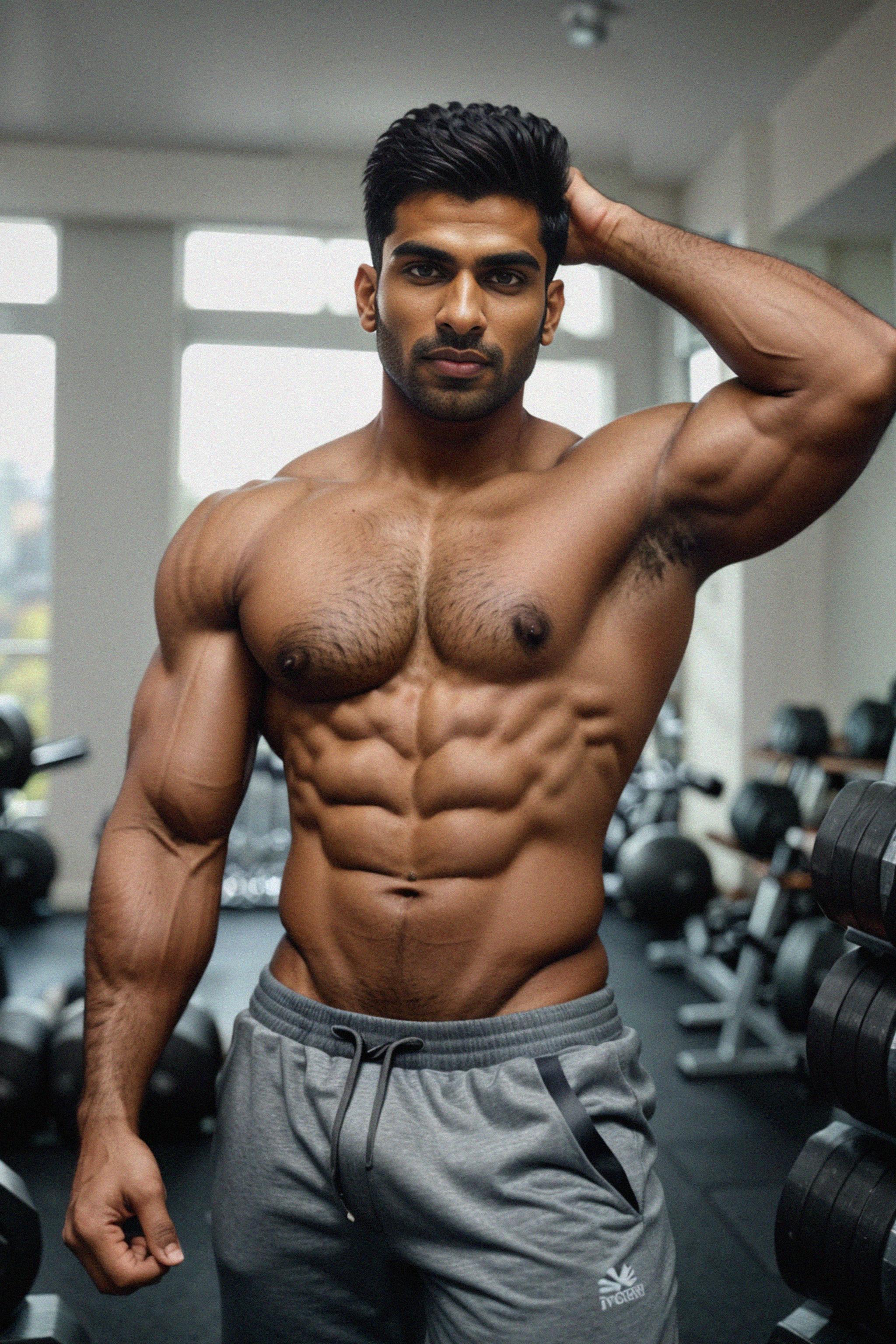 A fit male man as fitness influencer flexing their muscles in the gym ...