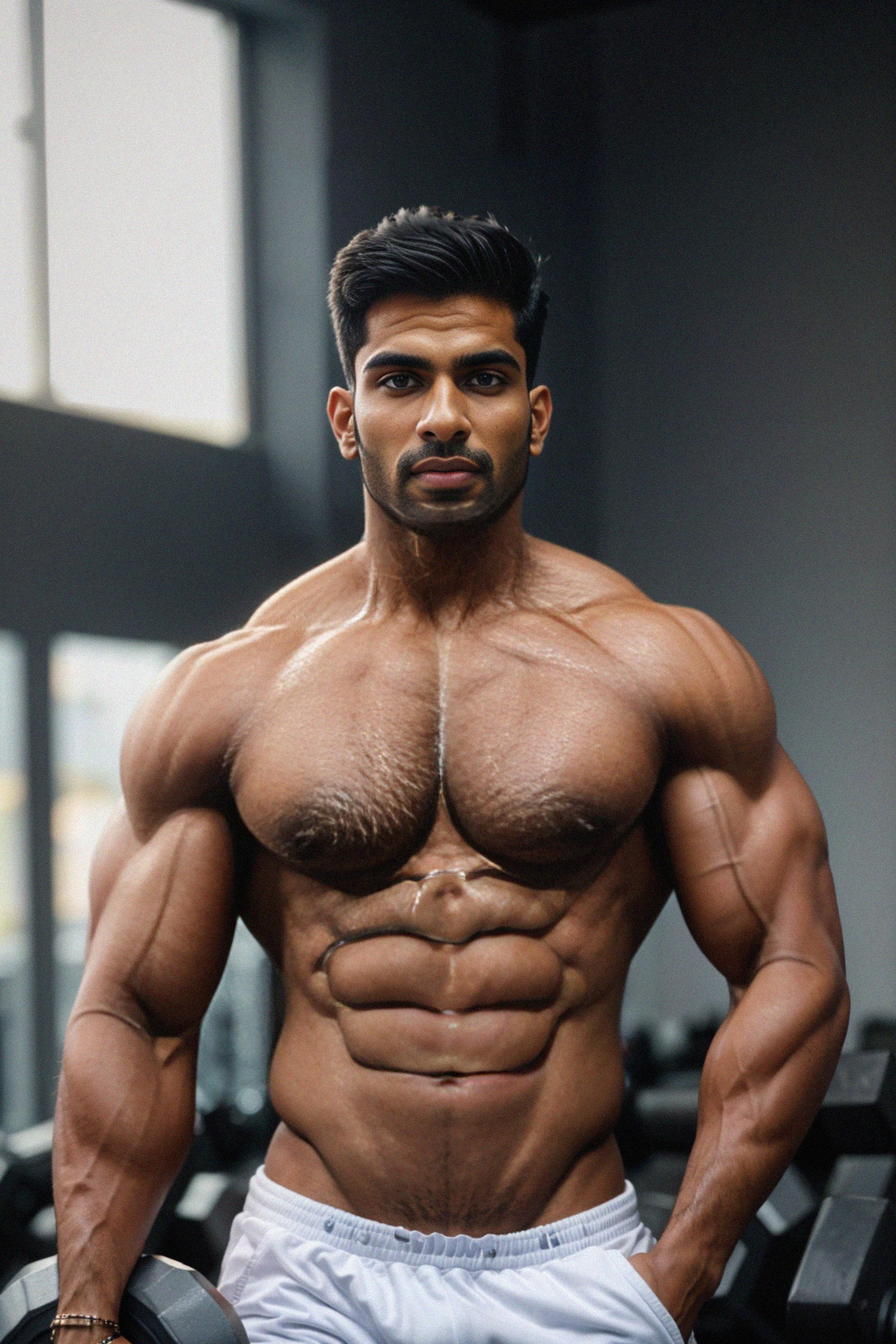 A fit male man as fitness influencer flexing their muscles in the gym ...