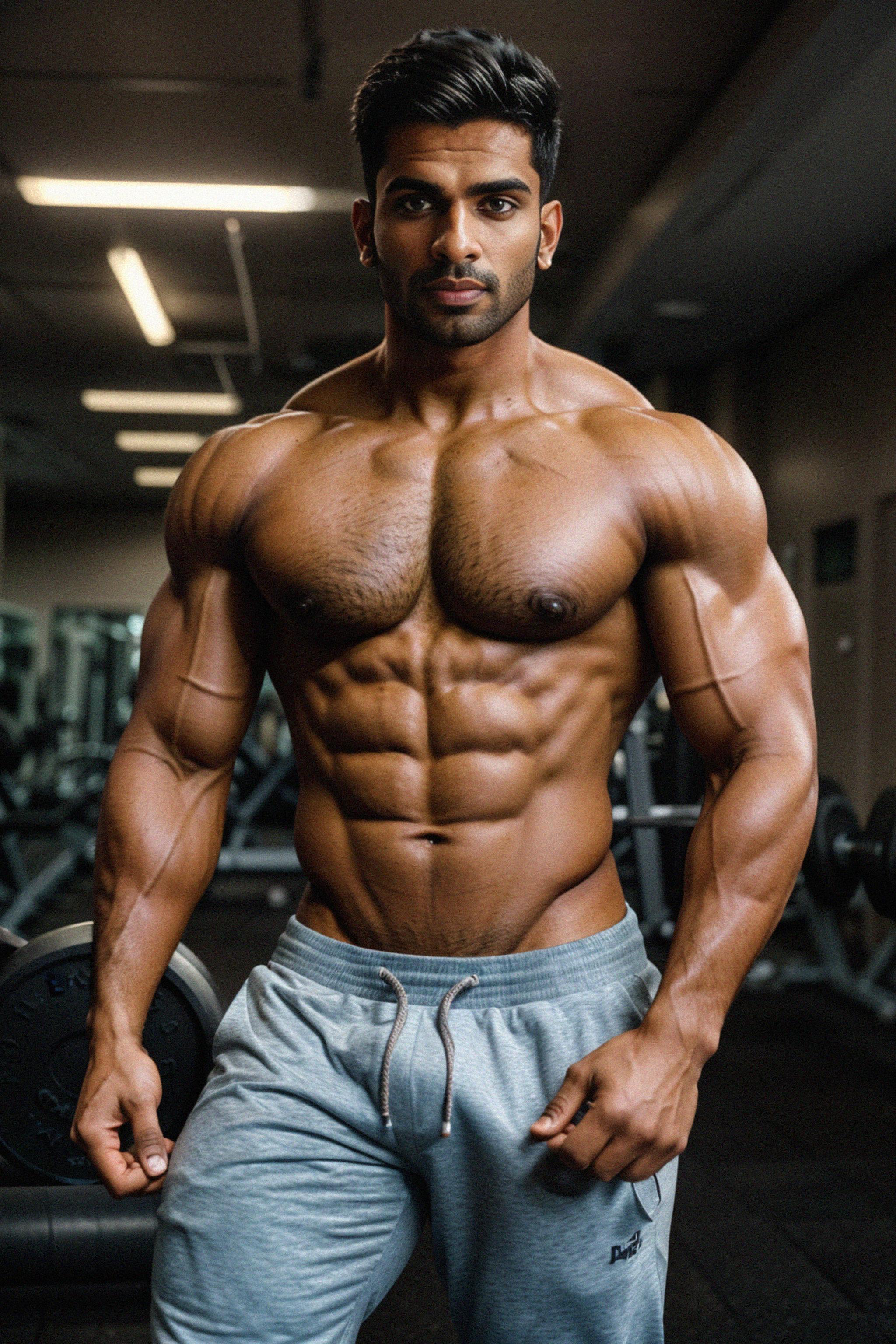 A fit male man as fitness influencer flexing their muscles in the gym ...