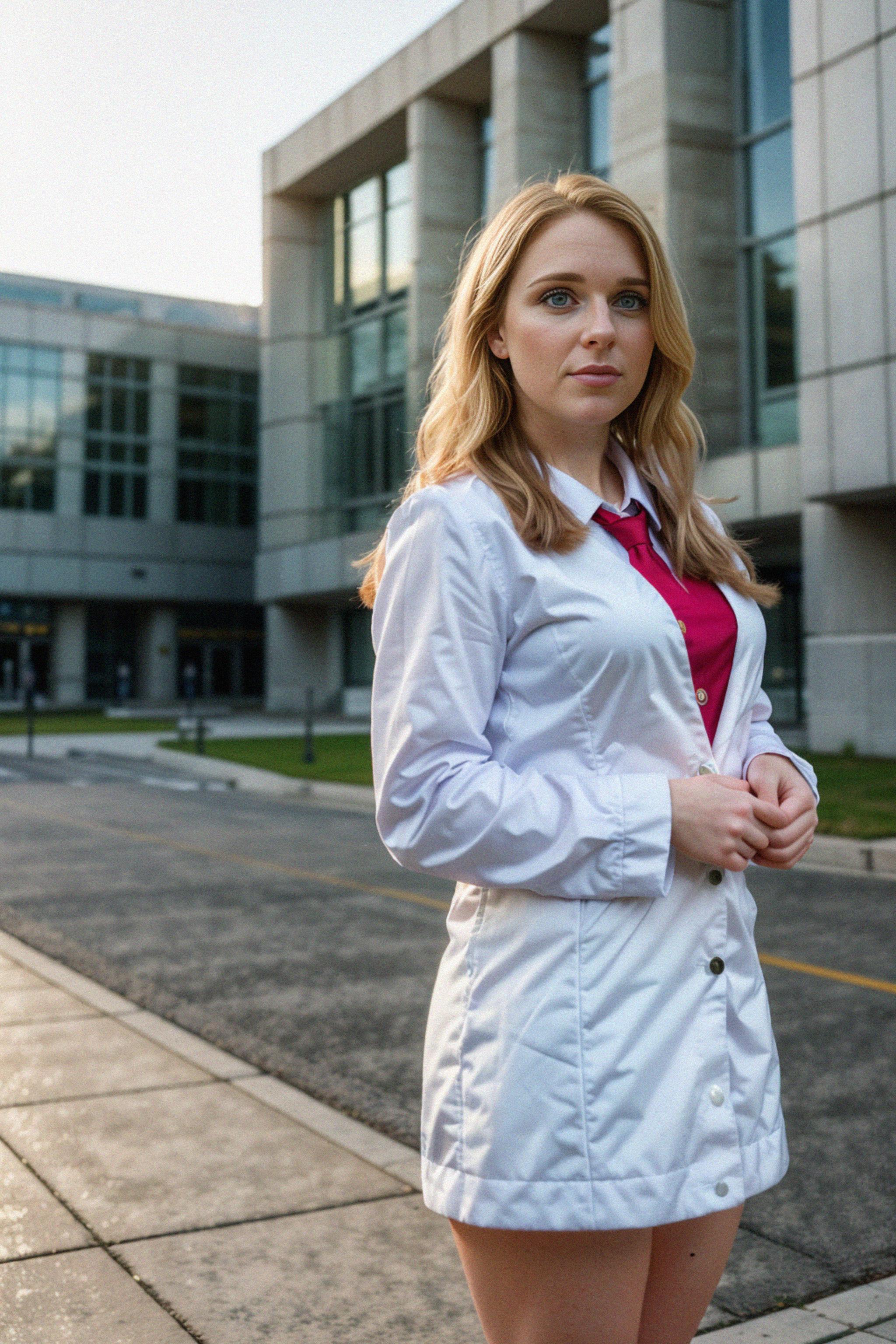 A graduate woman in their academic regalia, standing in front of their ...