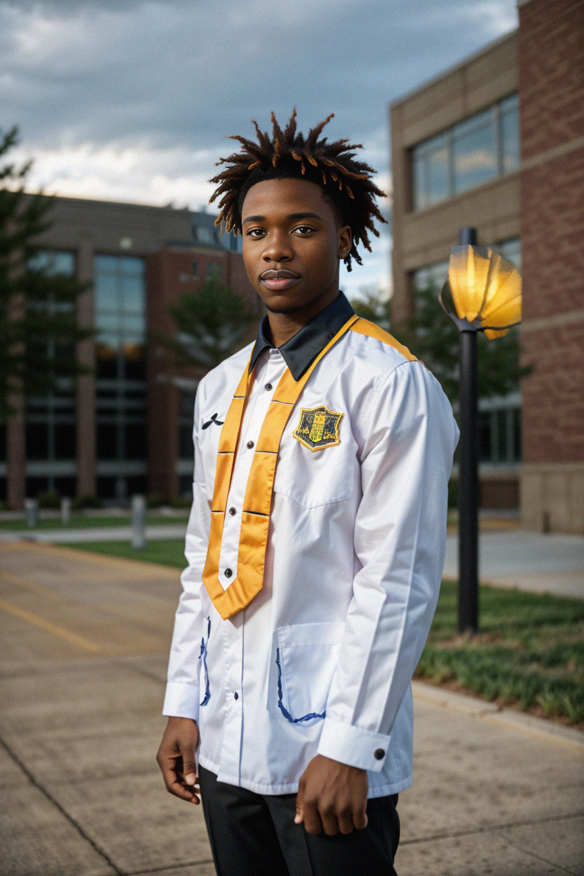 A graduate man in their academic regalia, standing in front of their ...