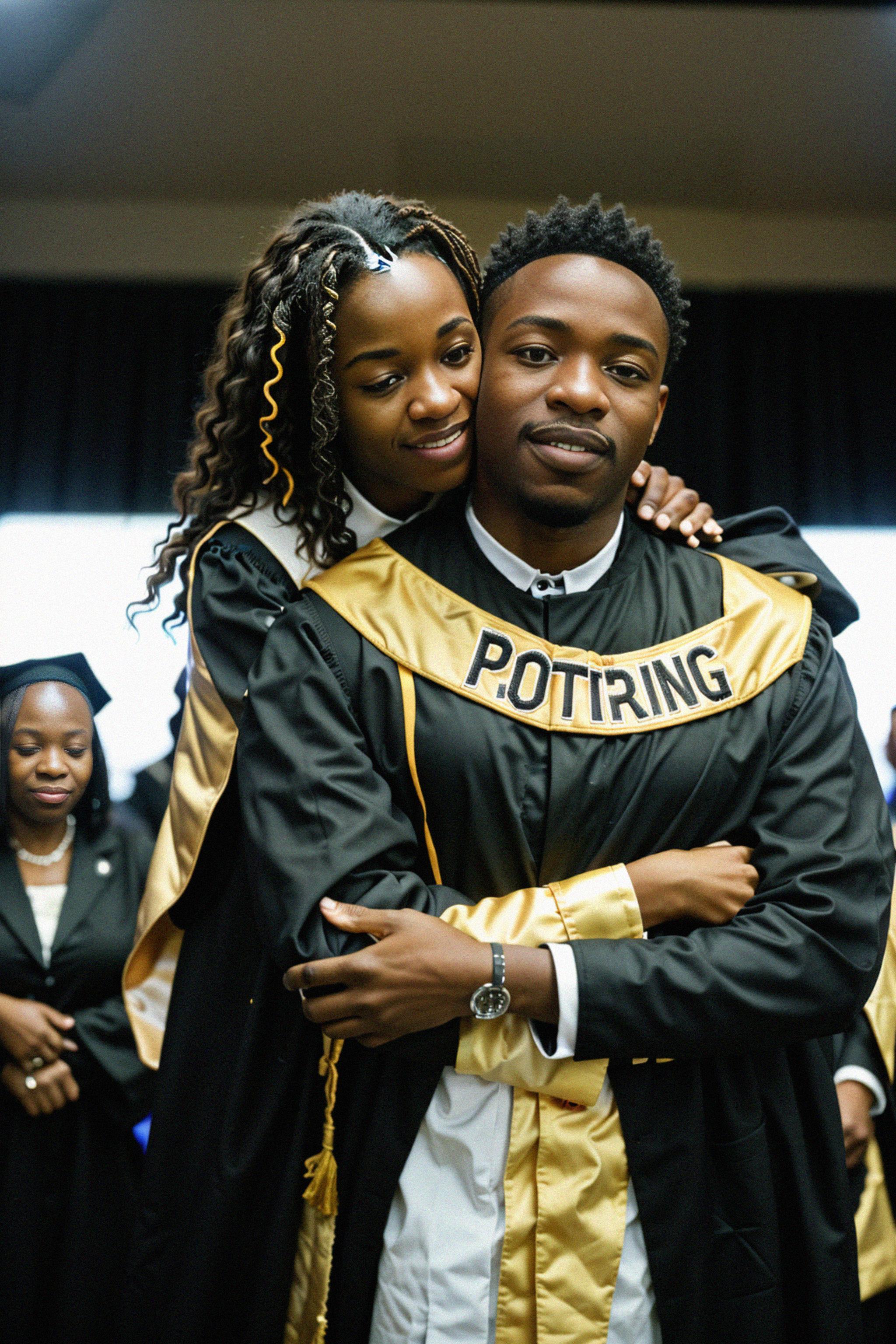 A graduate man in their academic gown, hugging their parents or loved ...