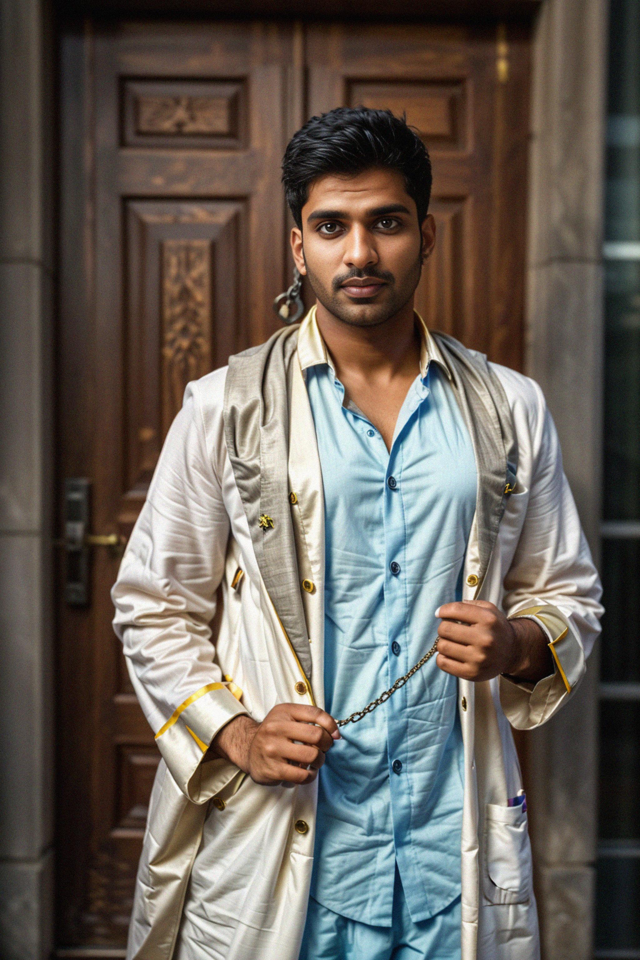 A graduate man in their academic gown, holding a key or a keychain ...