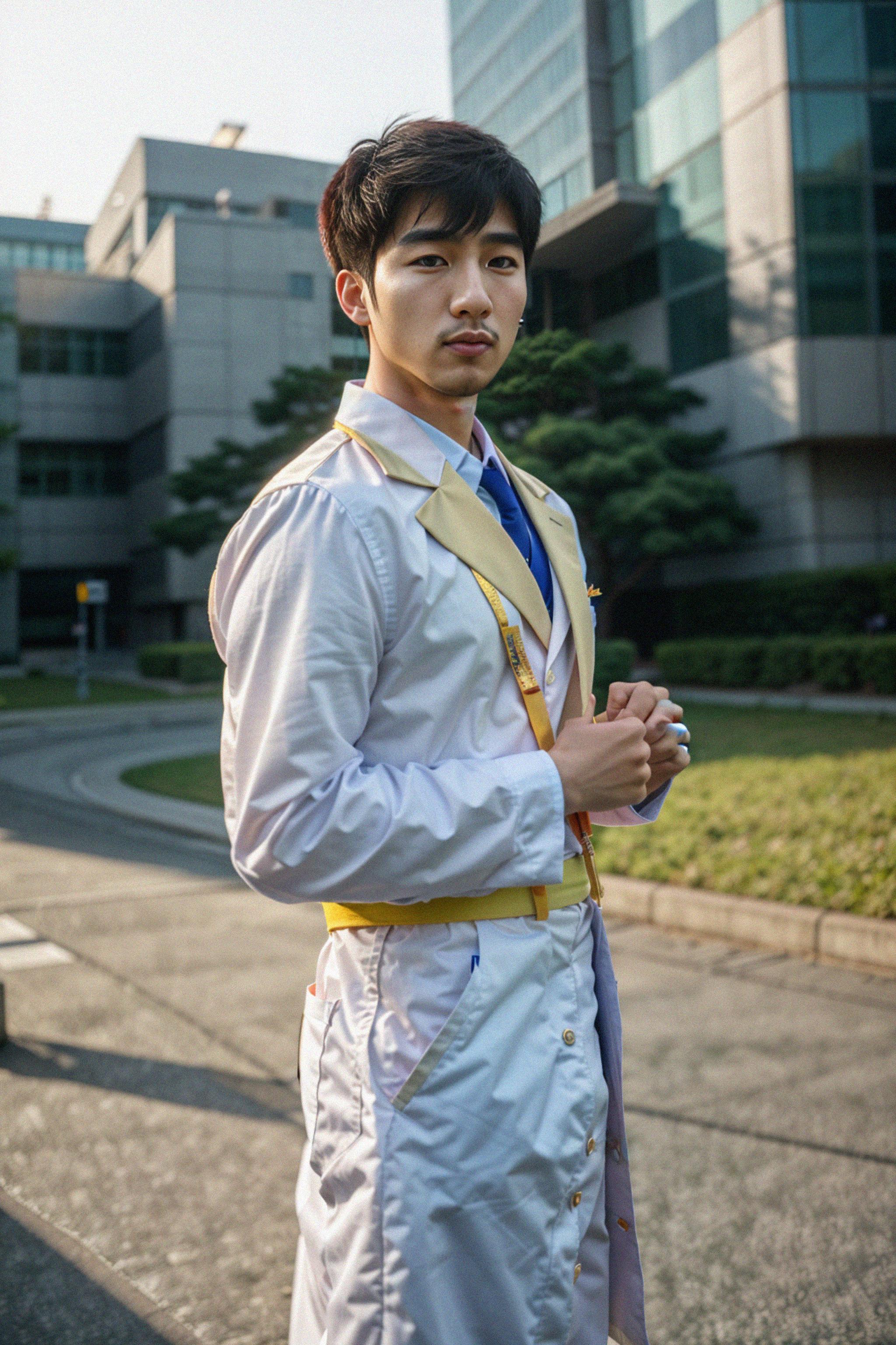 A graduate man in their academic regalia, standing in front of their ...