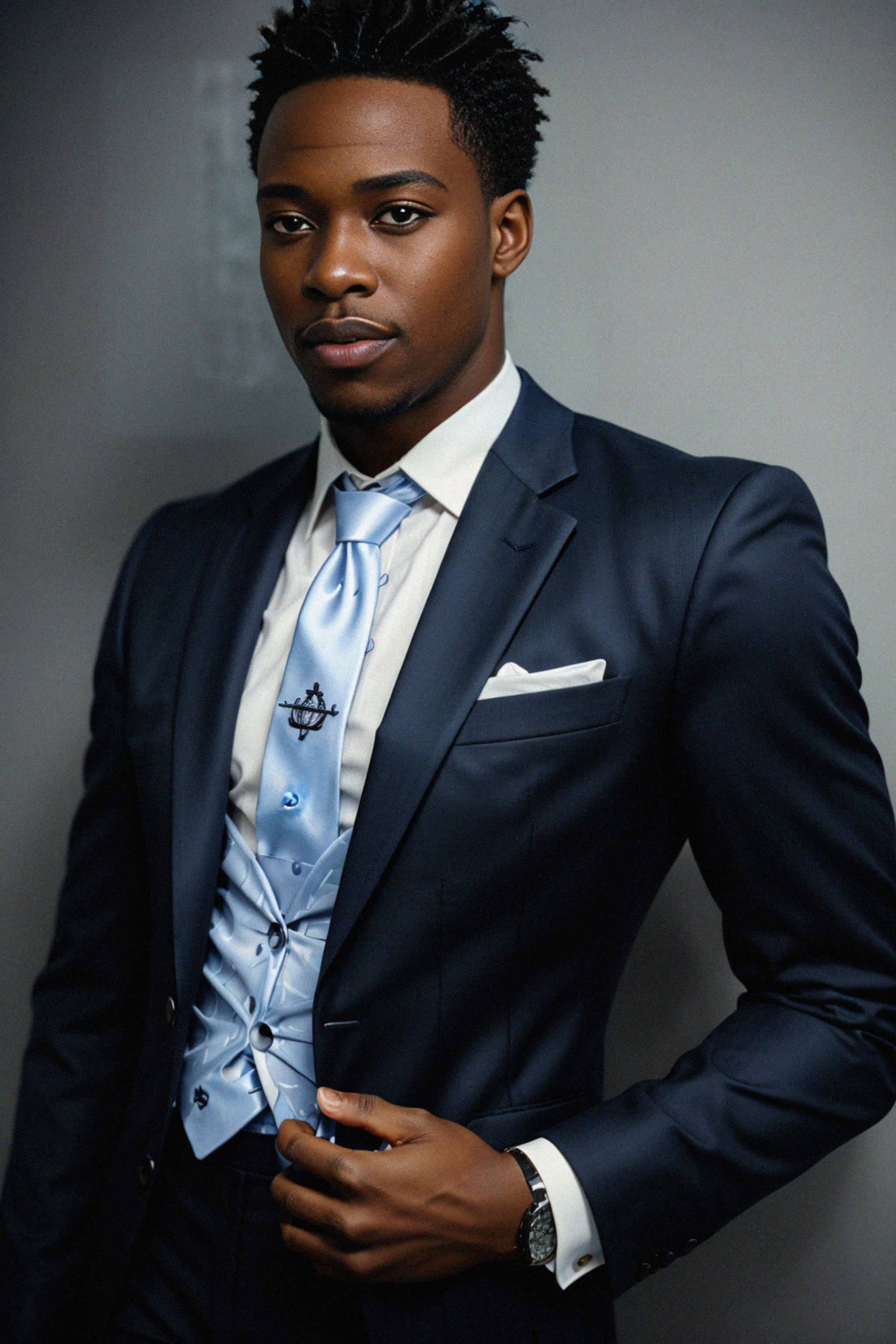 Handsome and stylish man wearing a classic navy blue suit with a crisp ...