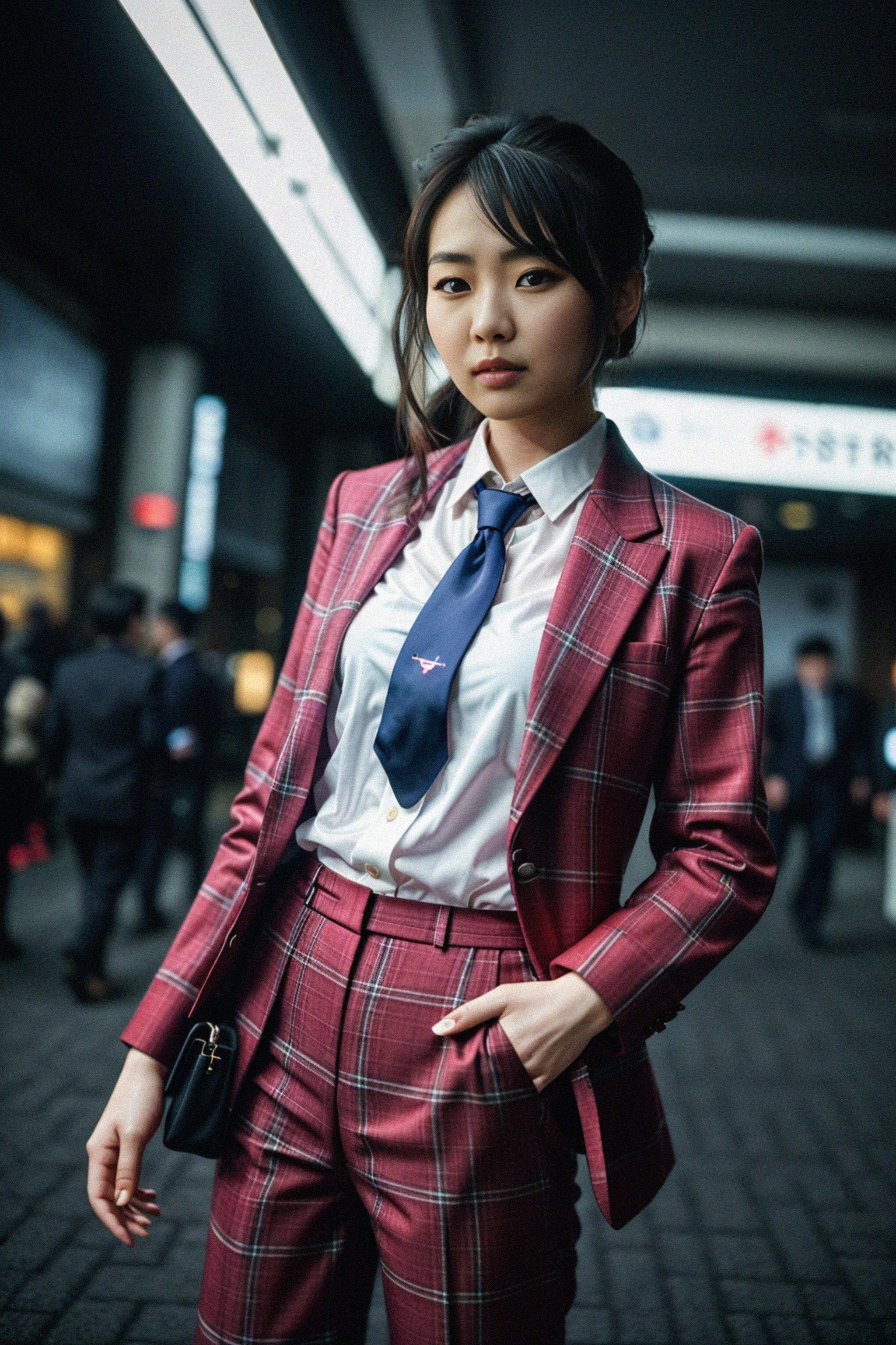 Woman showcasing a dappersuit in a bold plaid pattern with a solid ...