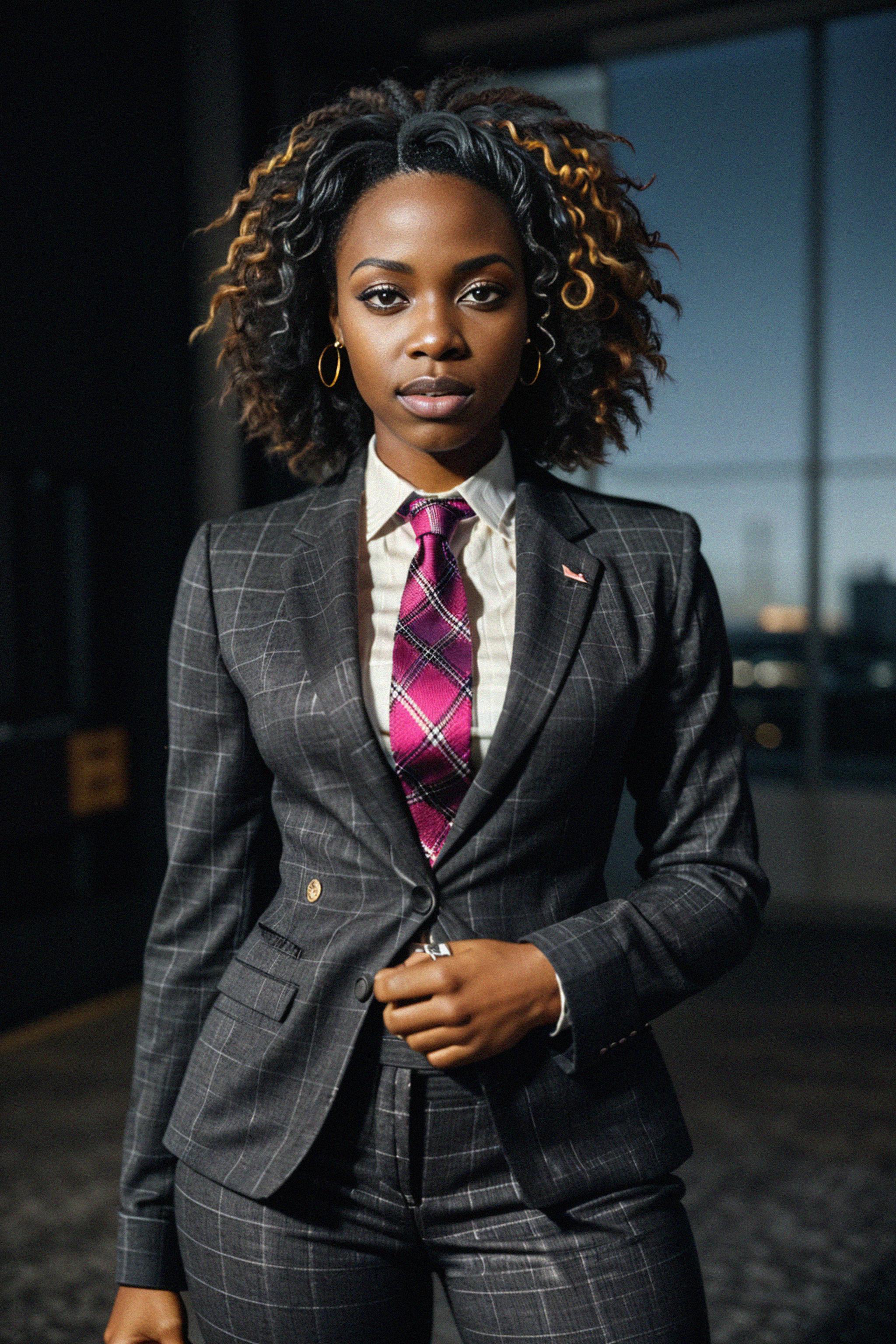 Woman showcasing a dappersuit in a bold plaid pattern with a solid ...