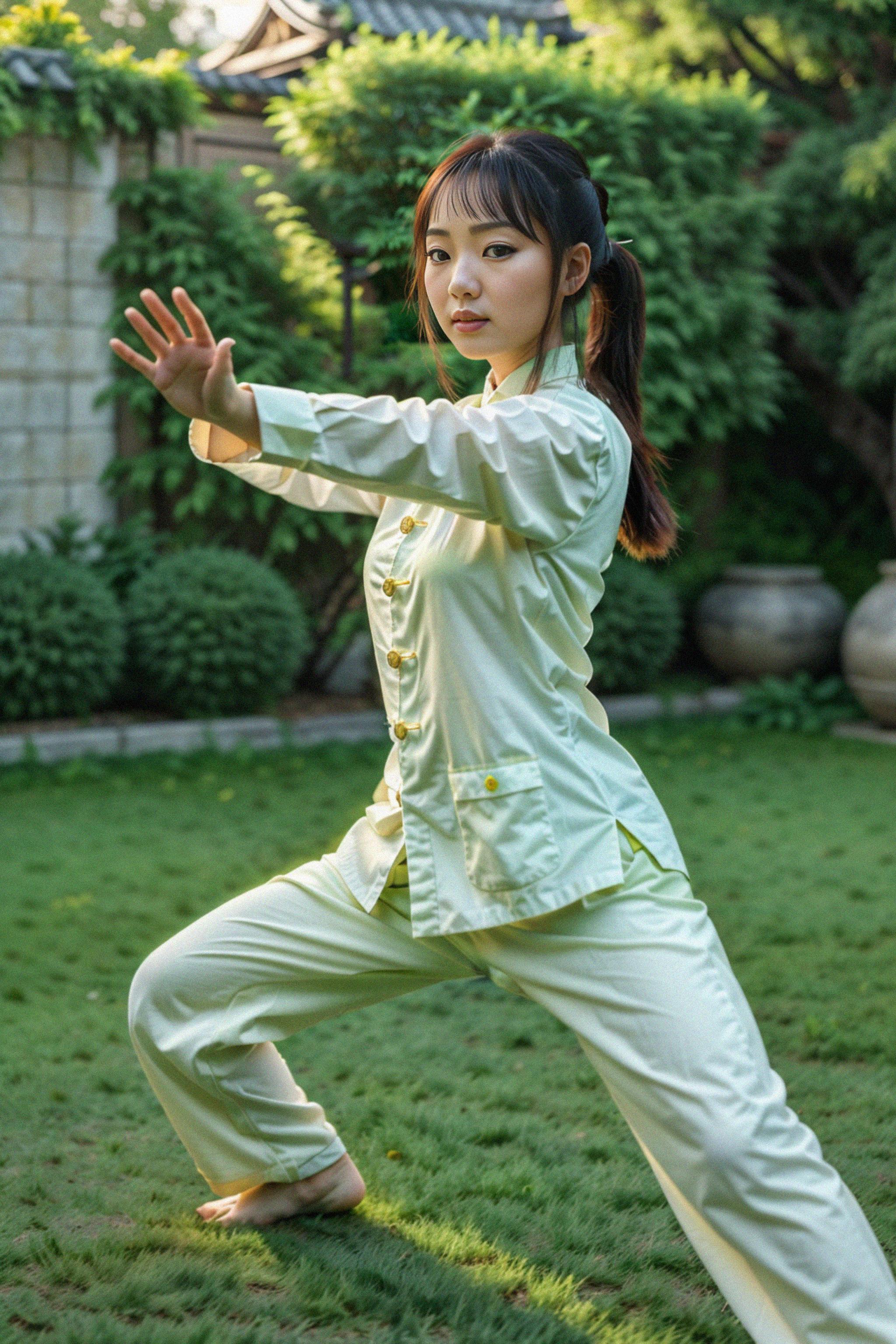 Woman practicing Tai Chi or Qigong in a serene garden or open space ...