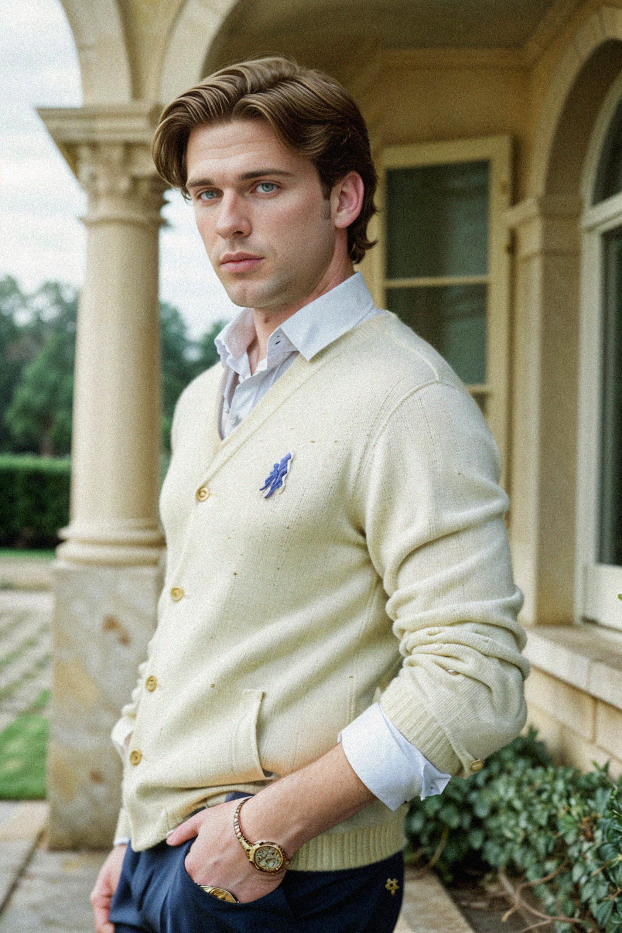 A man in preppy style, old money aesthetic, posh style, elite school ...