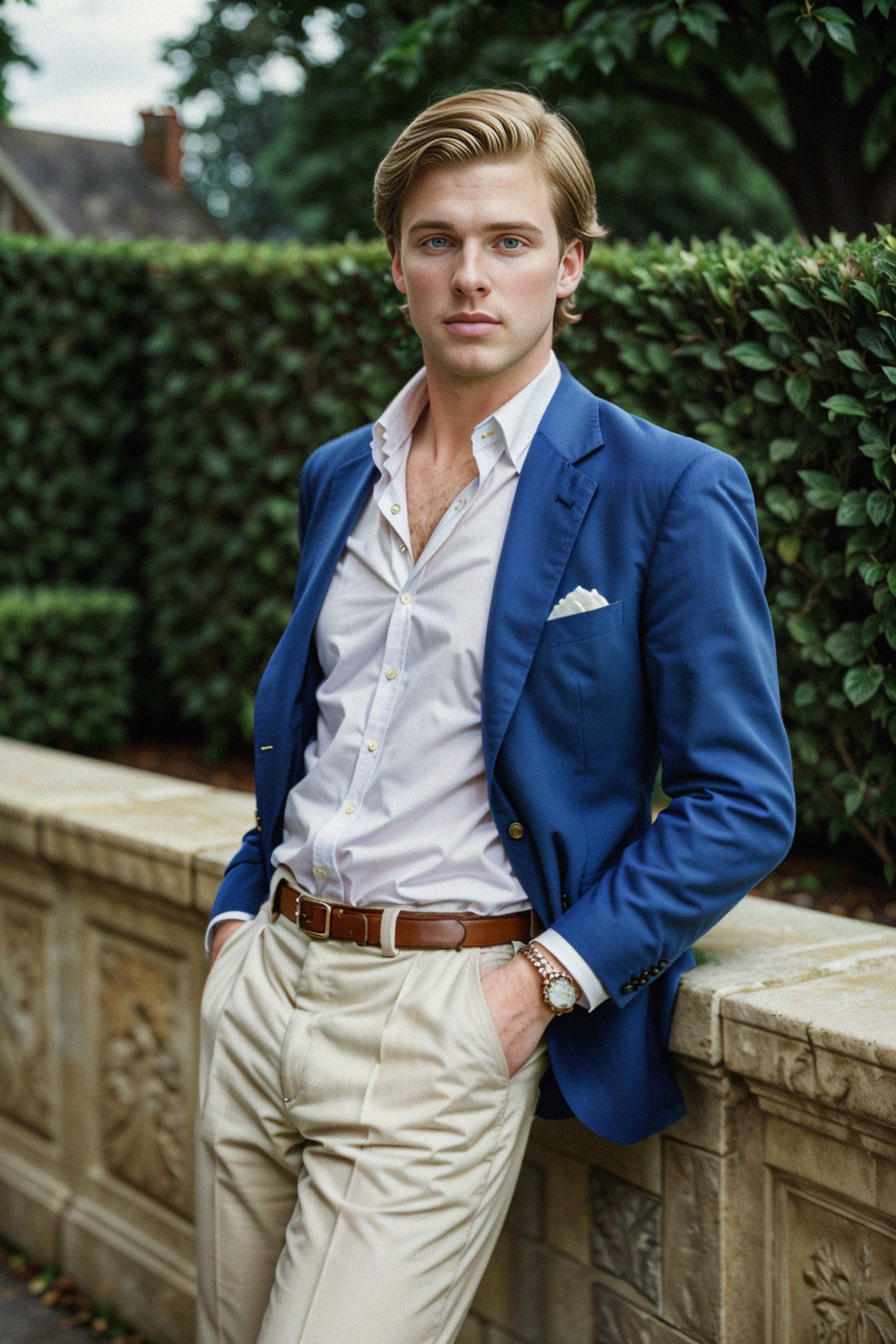 A man in preppy style, old money aesthetic, posh style, elite school ...
