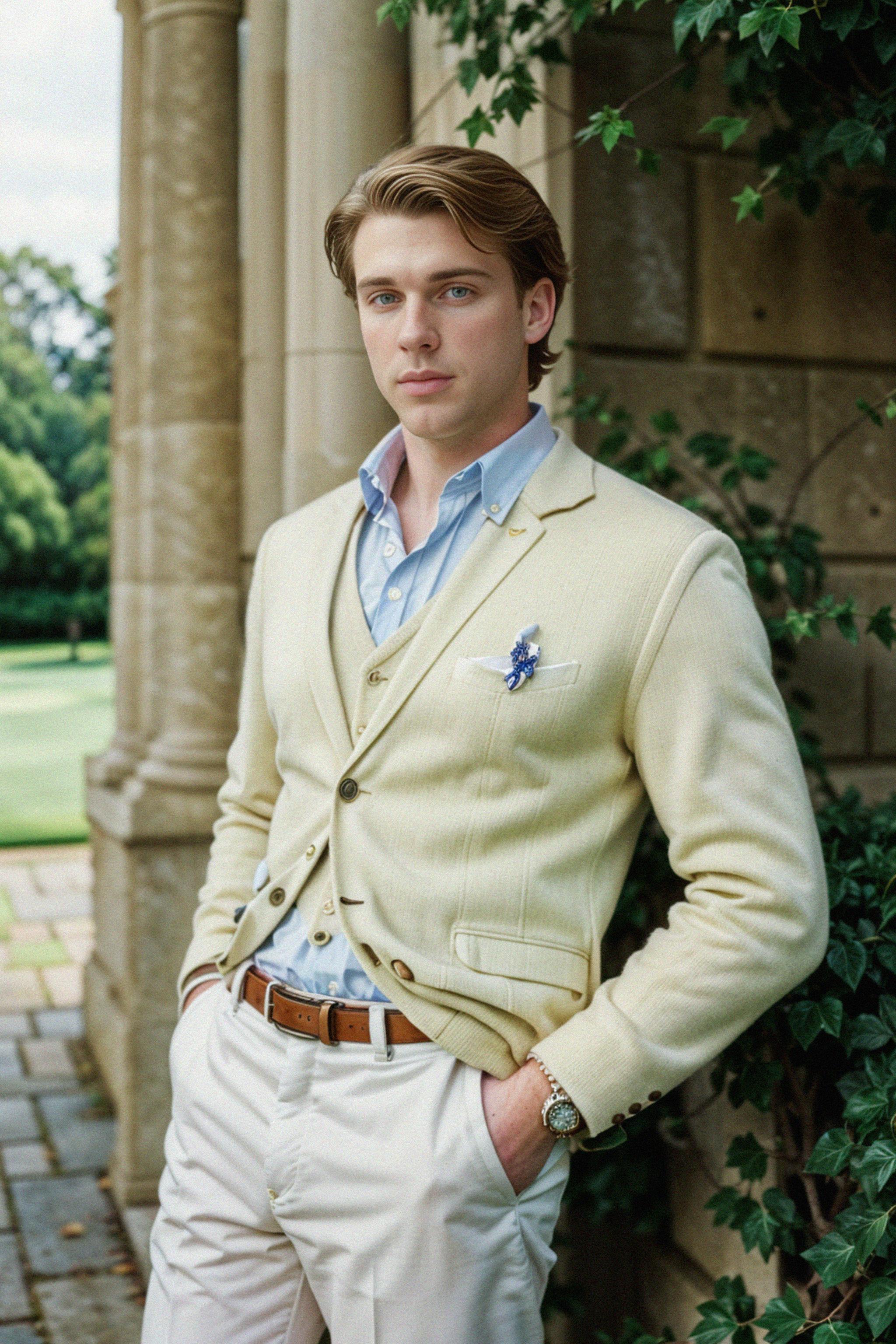 A man in preppy style, old money aesthetic, posh style, elite school ...