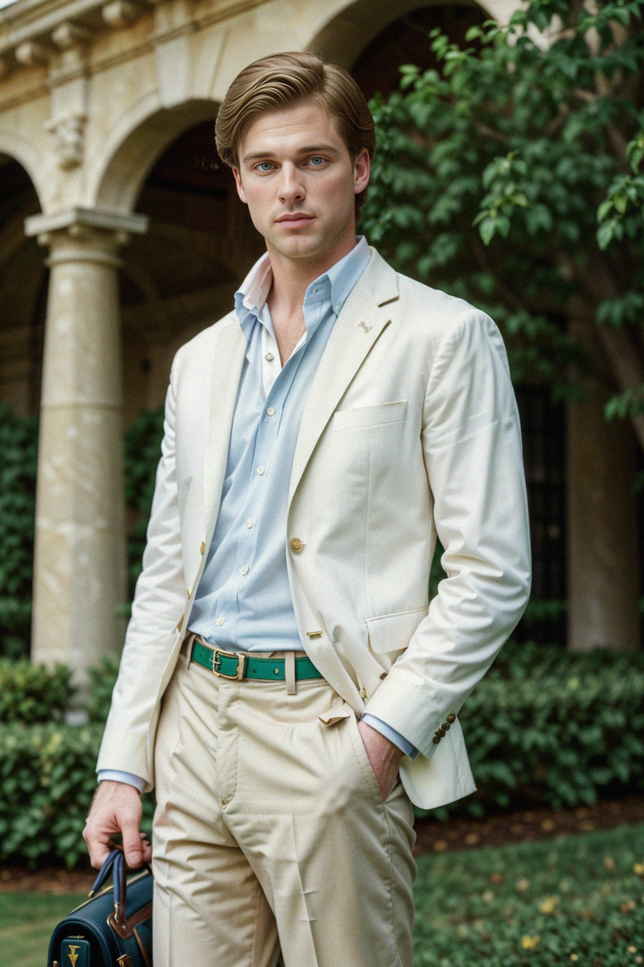 A man in preppy style, old money aesthetic, posh style, elite school ...