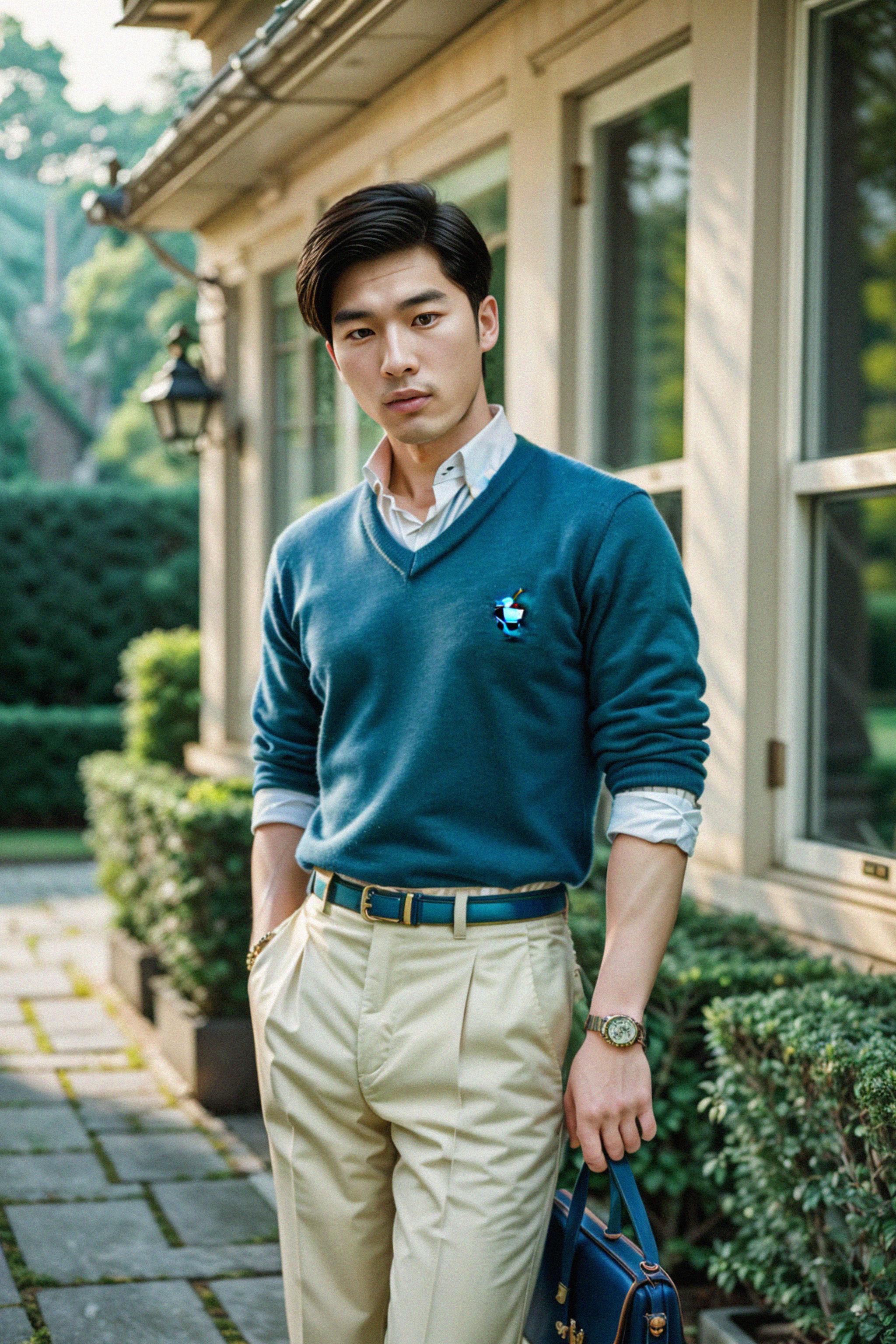 A man in preppy style, old money aesthetic, posh style, elite school ...