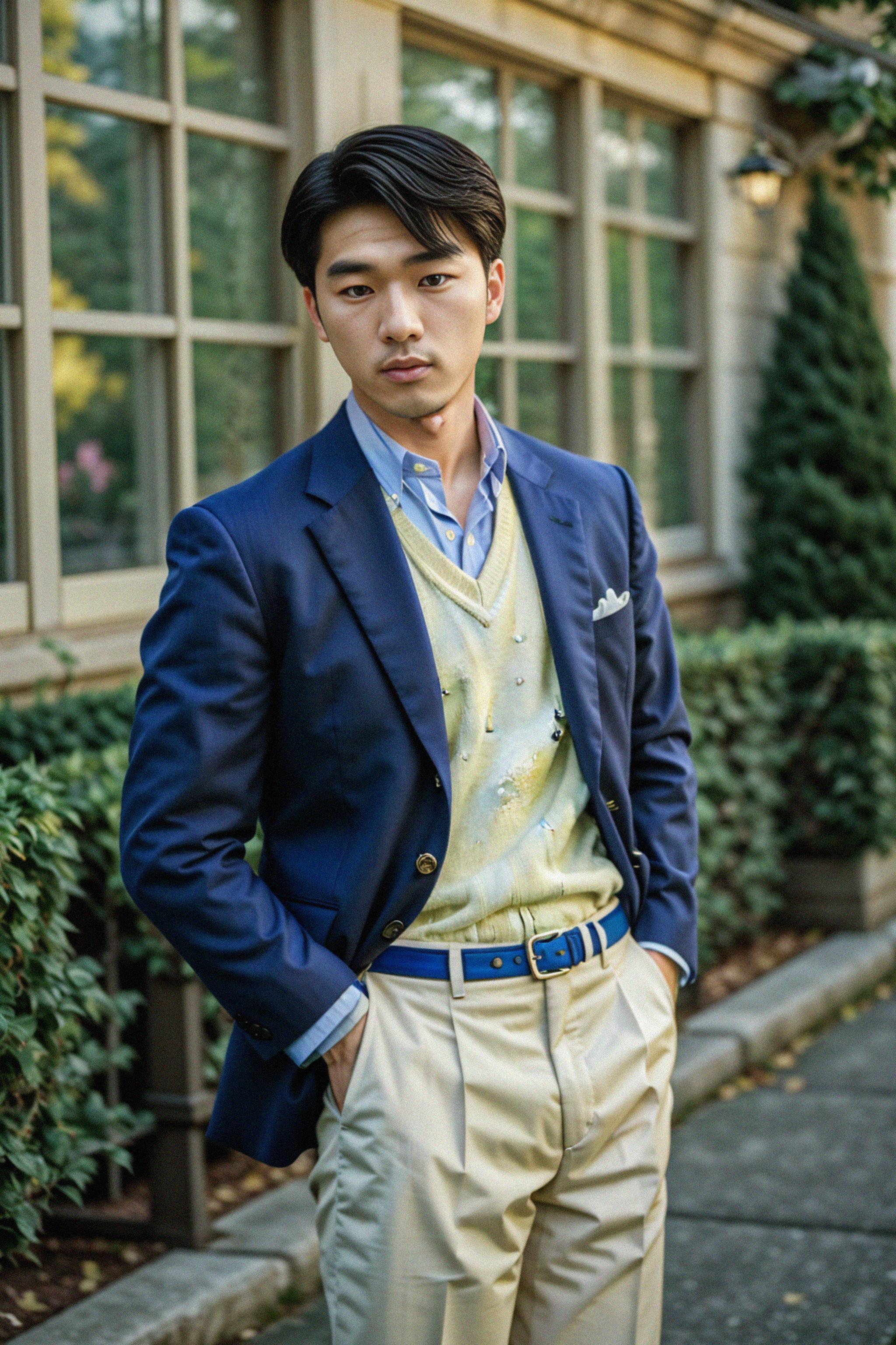 A man in preppy style, old money aesthetic, posh style, elite school ...