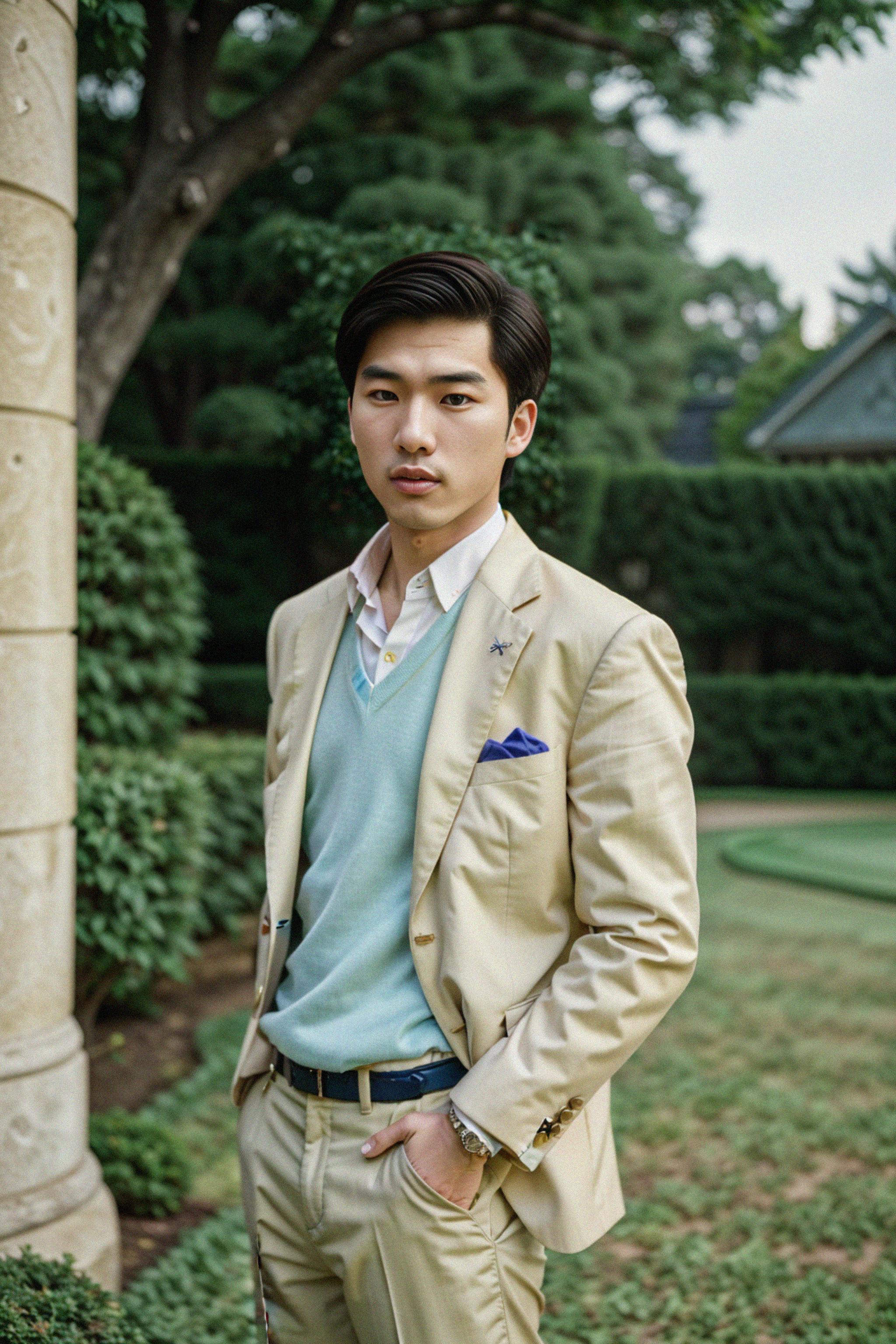 A man in preppy style, old money aesthetic, posh style, elite school ...