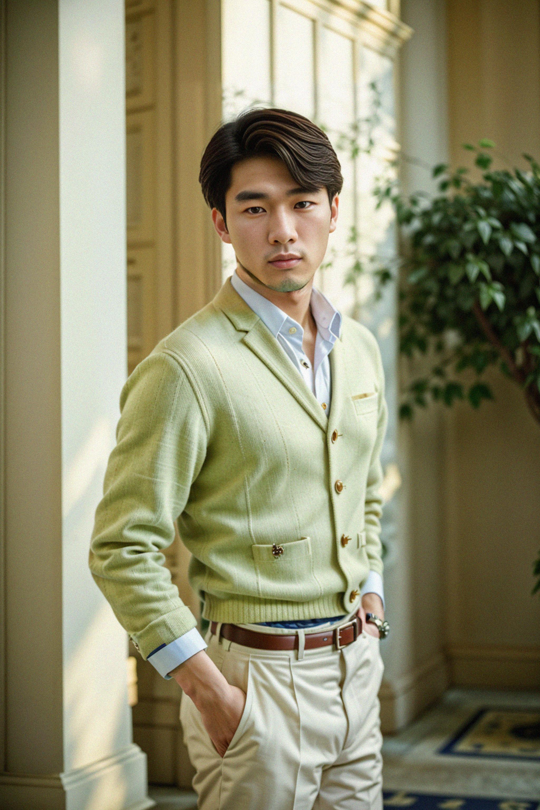 A man in preppy style, old money aesthetic, posh style, elite school ...