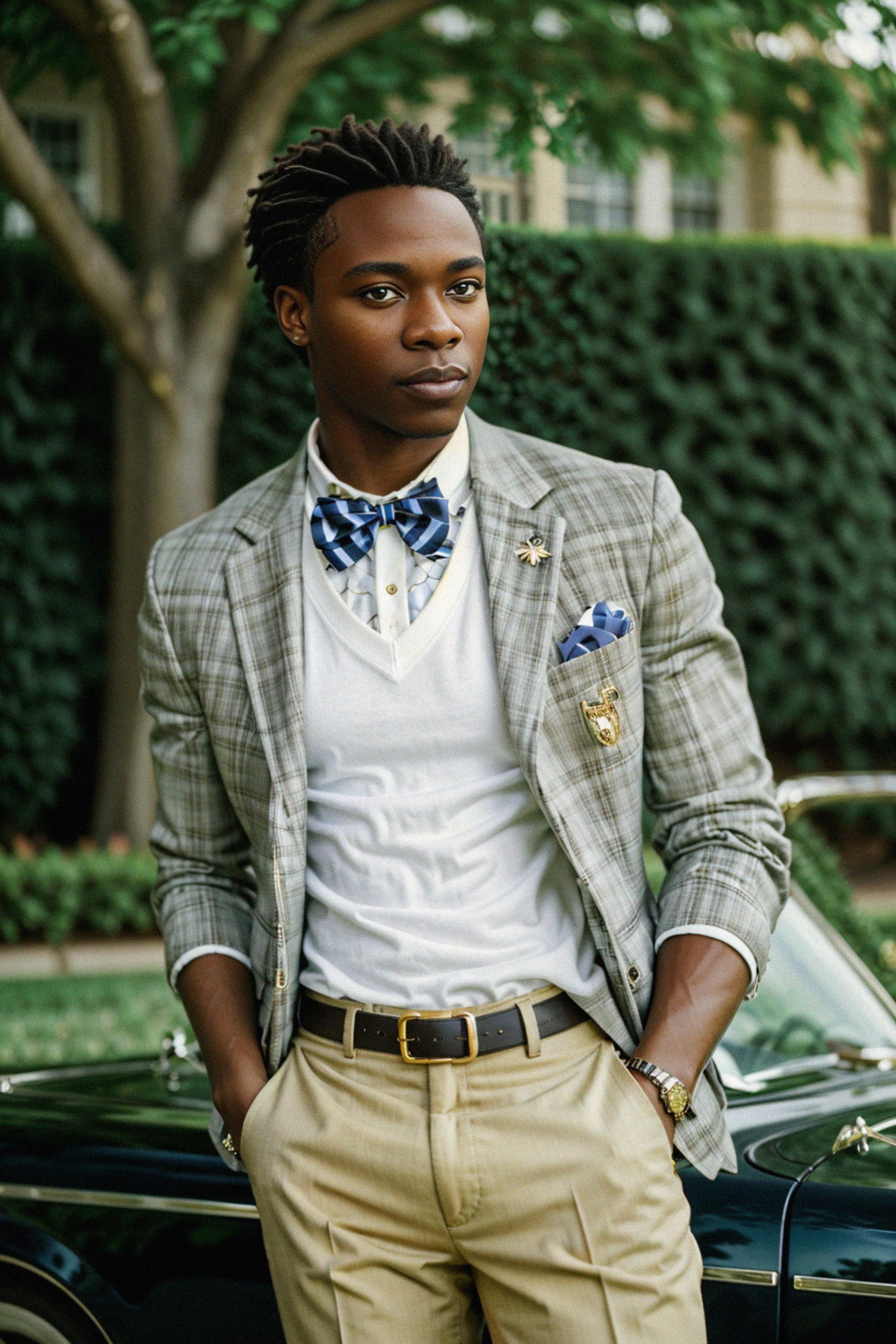 A man in preppy style, old money aesthetic, posh style, elite school ...