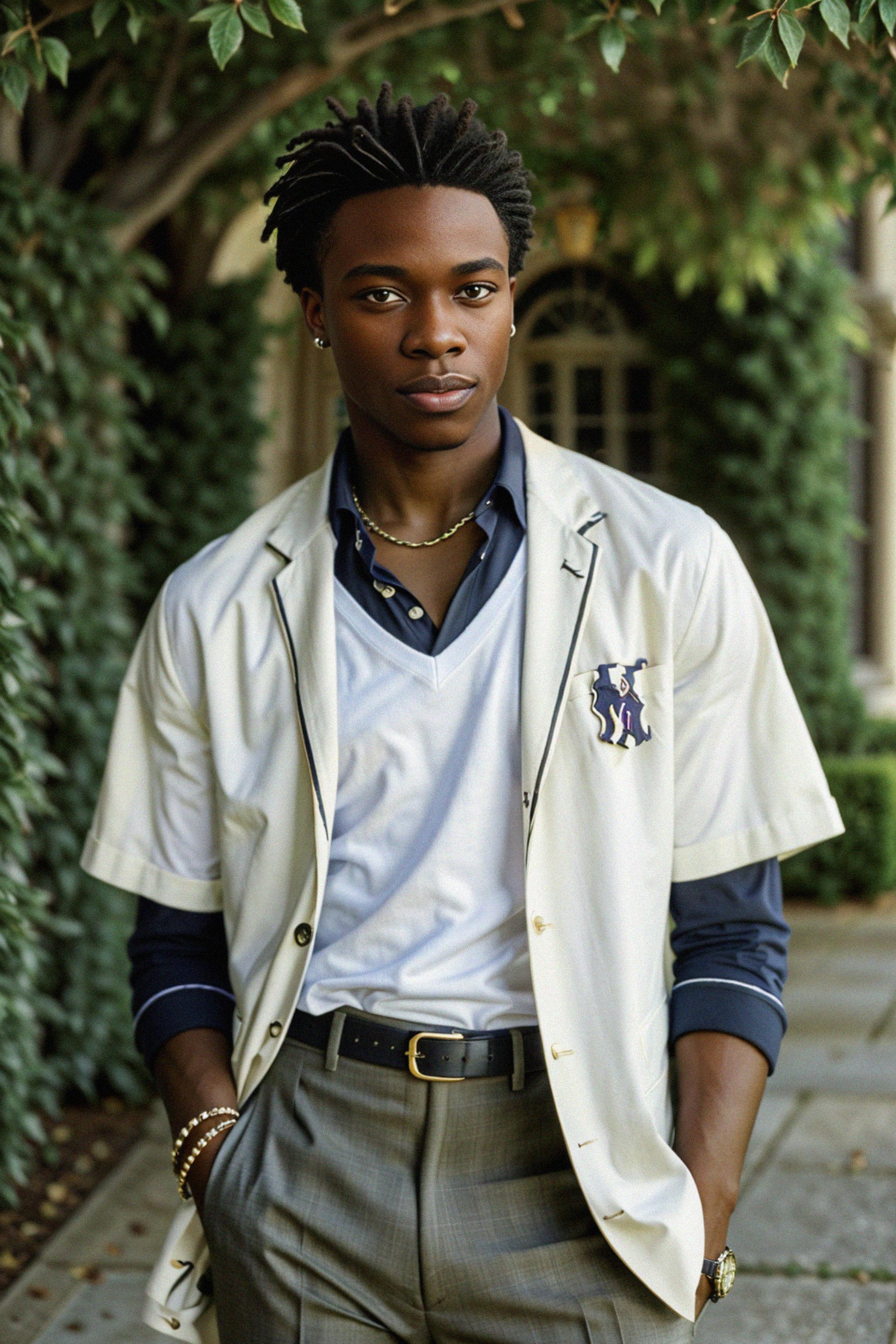 A man in preppy style, old money aesthetic, posh style, elite school ...