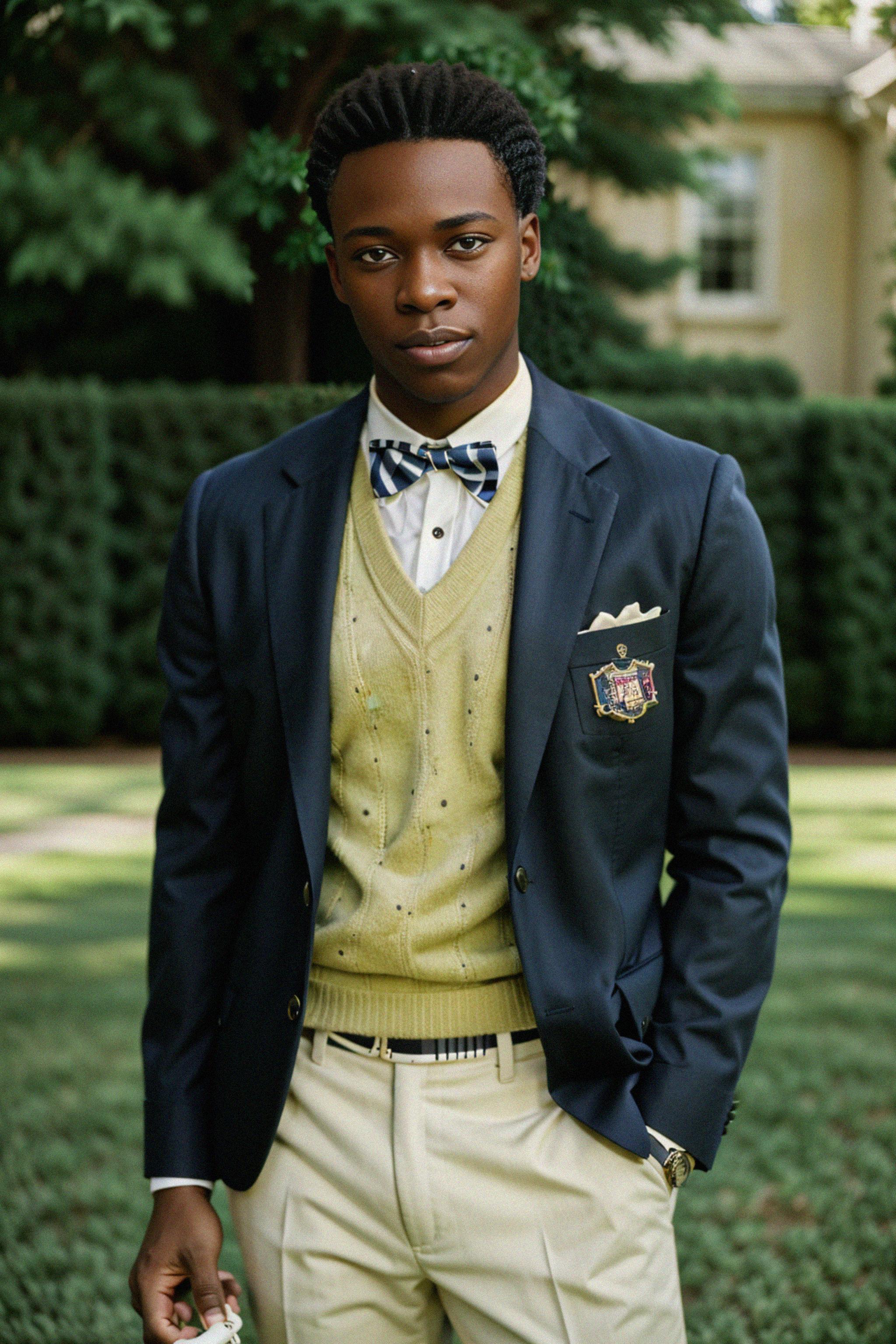 A man in preppy style, old money aesthetic, posh style, elite school ...