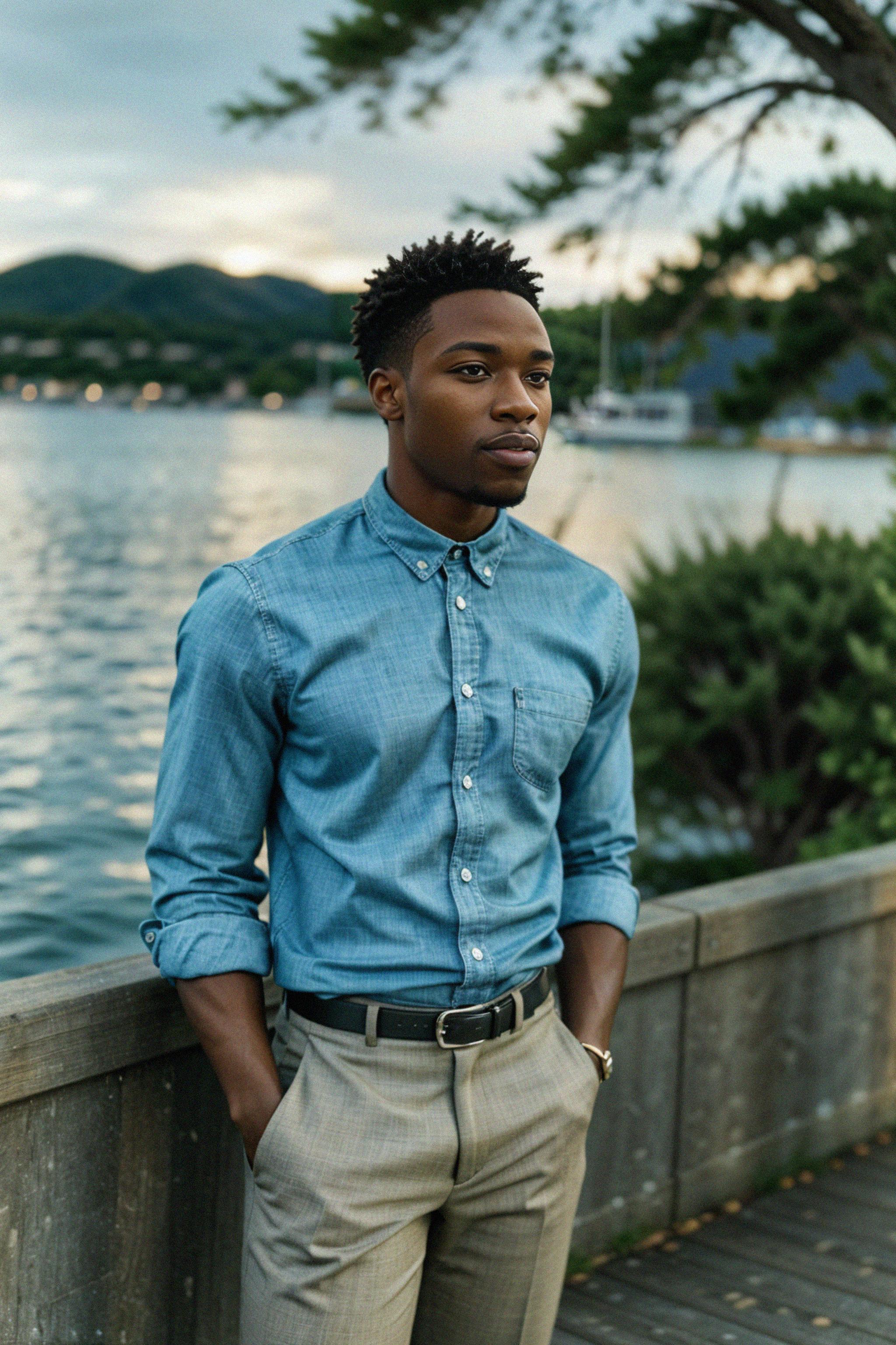 A captivating masculine man enjoying a peaceful moment by the ...