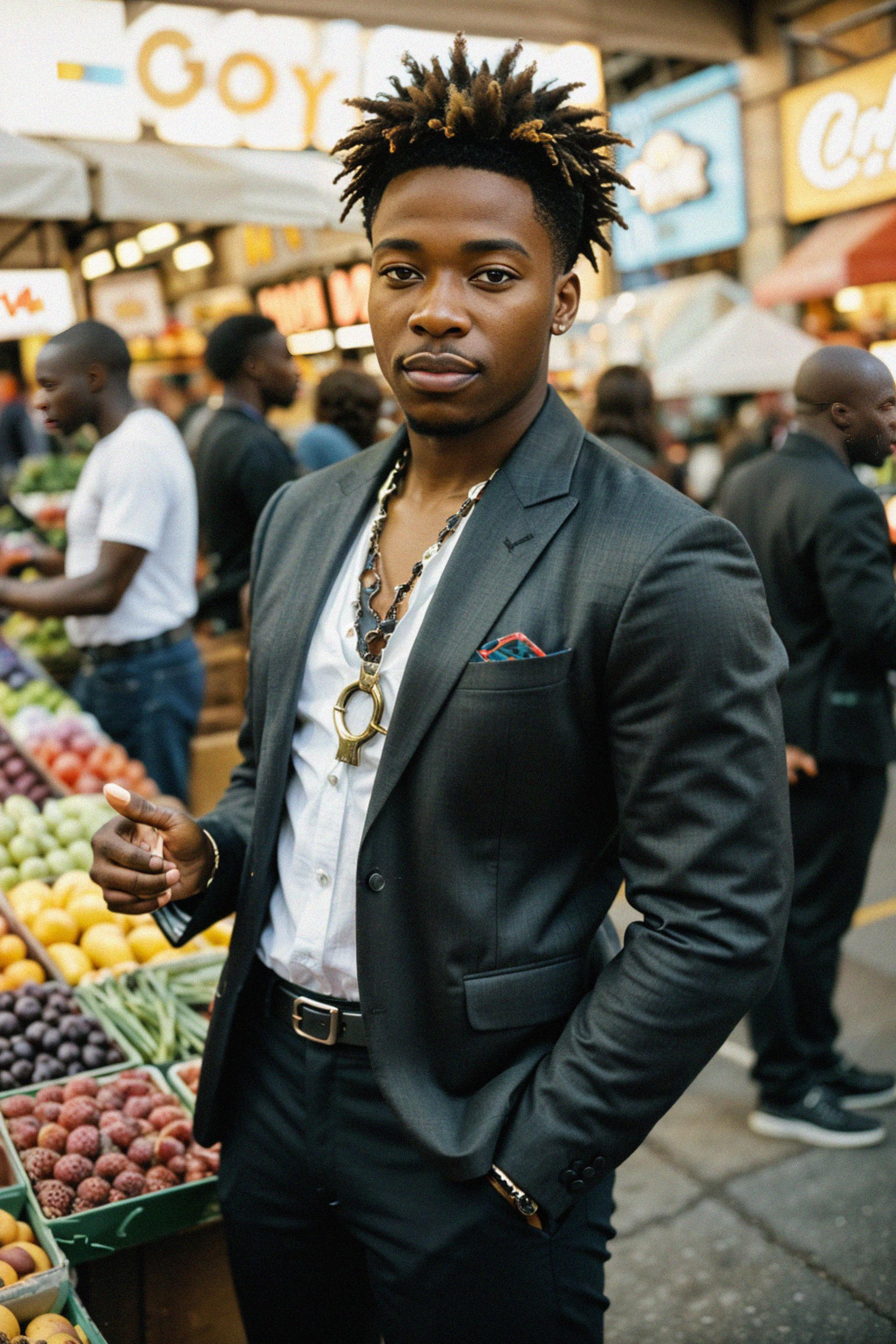 A stylish masculine man exploring a vibrant market, interacting with ...