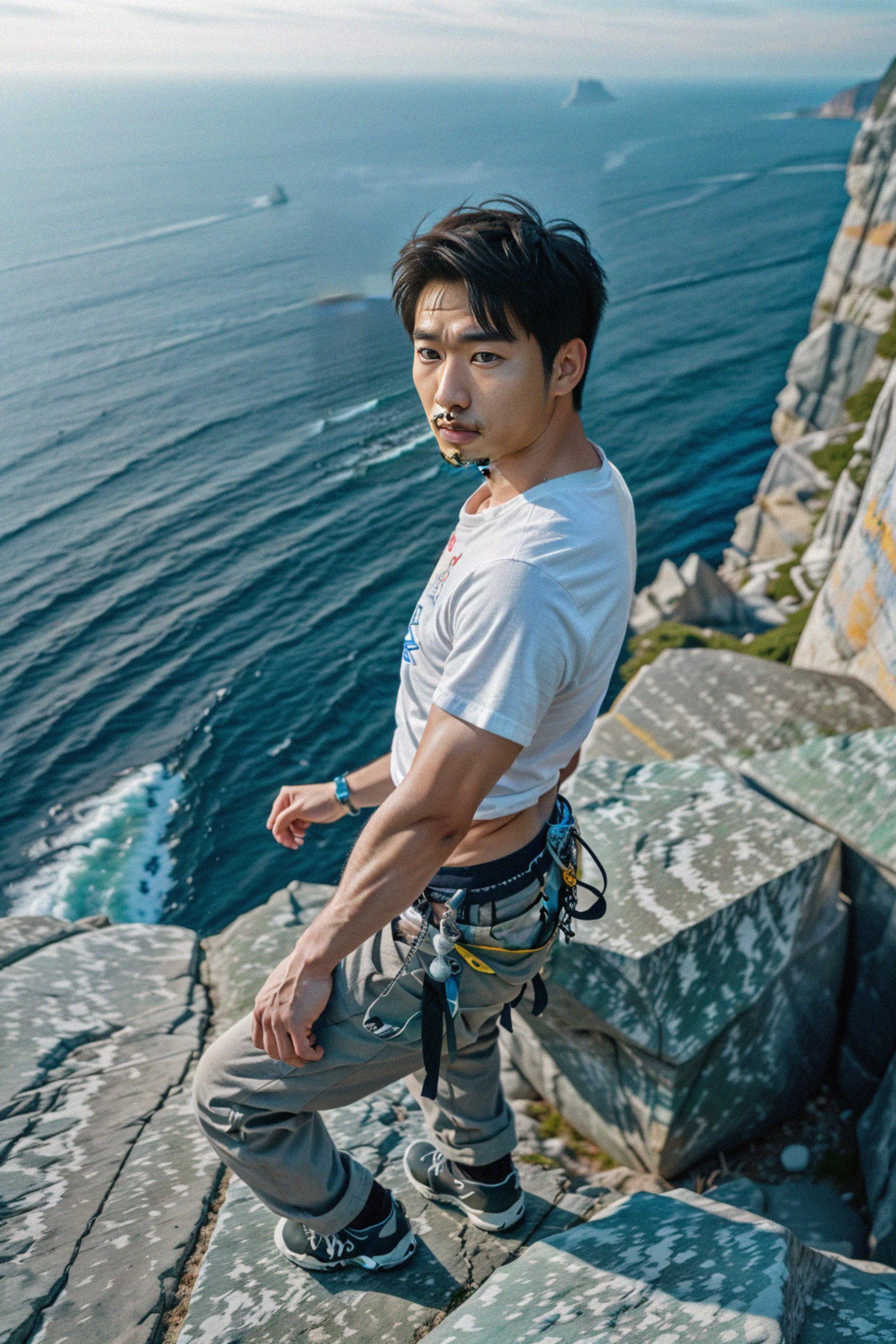 Man as adventurer rock climbing a daunting cliff with a breathtaking ...