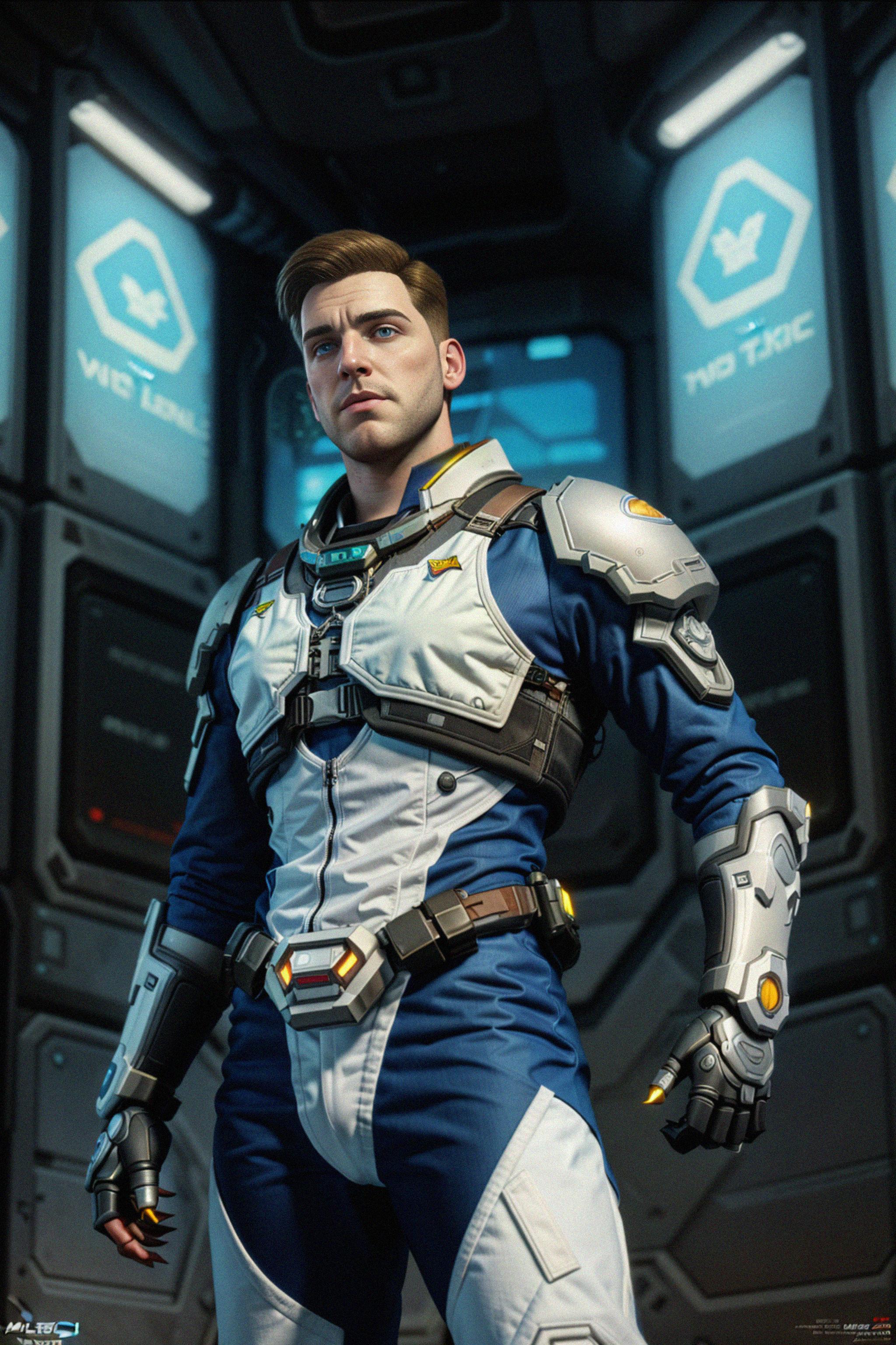Man in Overwatch, character shot, shot, concept art, intricate details ...