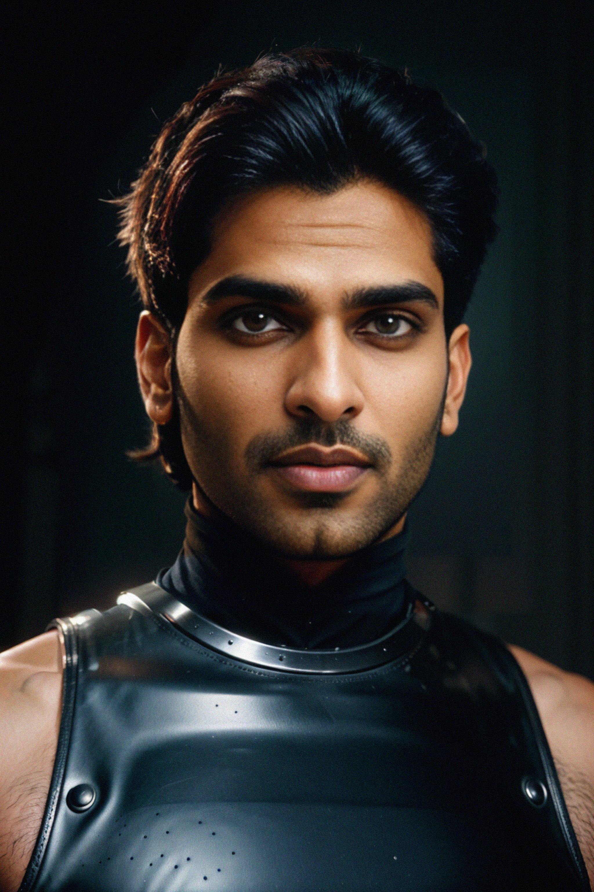 Man face, gorgeous dominatrix shot, one face, futuristic fashion ...