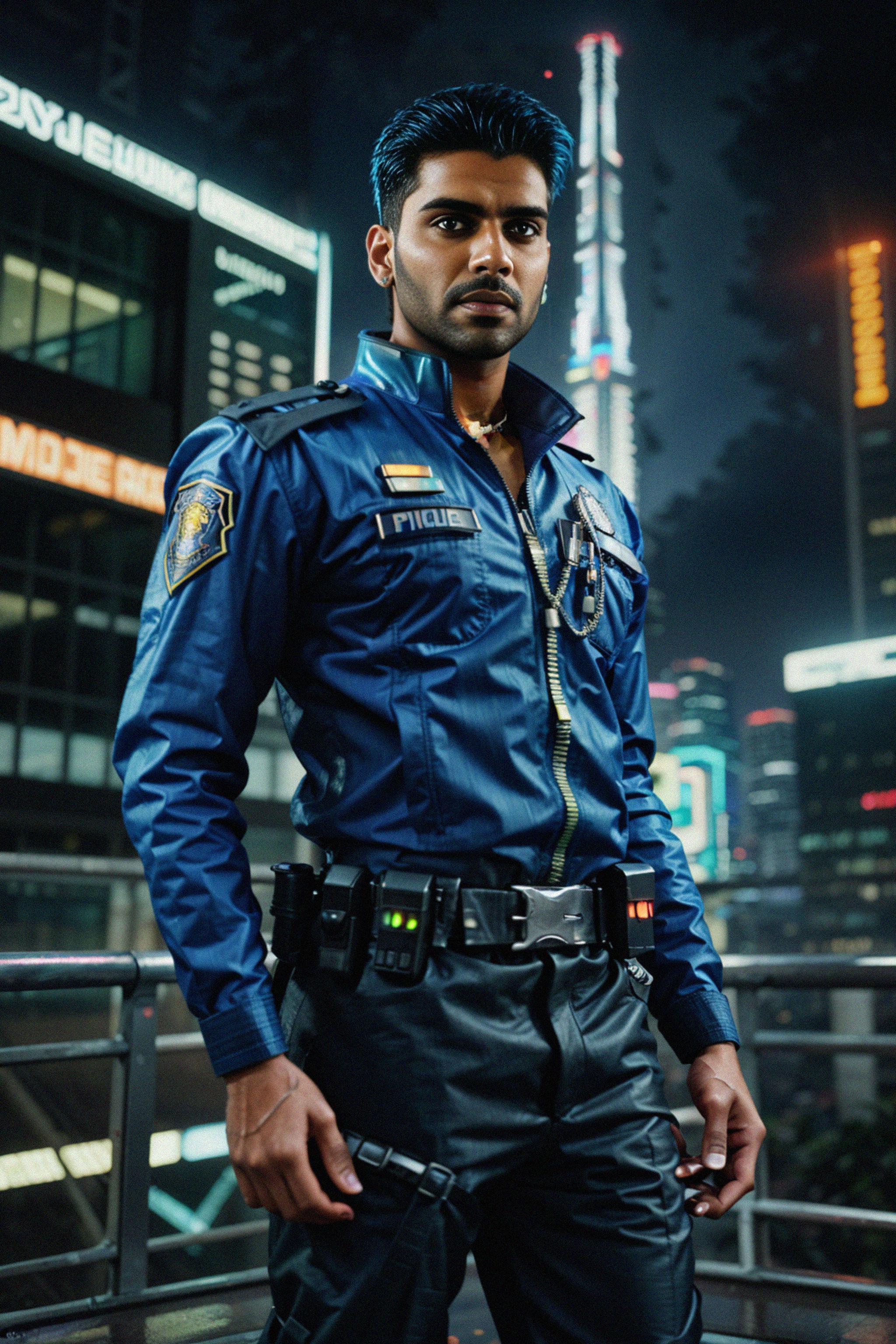 Man as futuristic beautiful cyberpunk police officer, in heavy rainning ...
