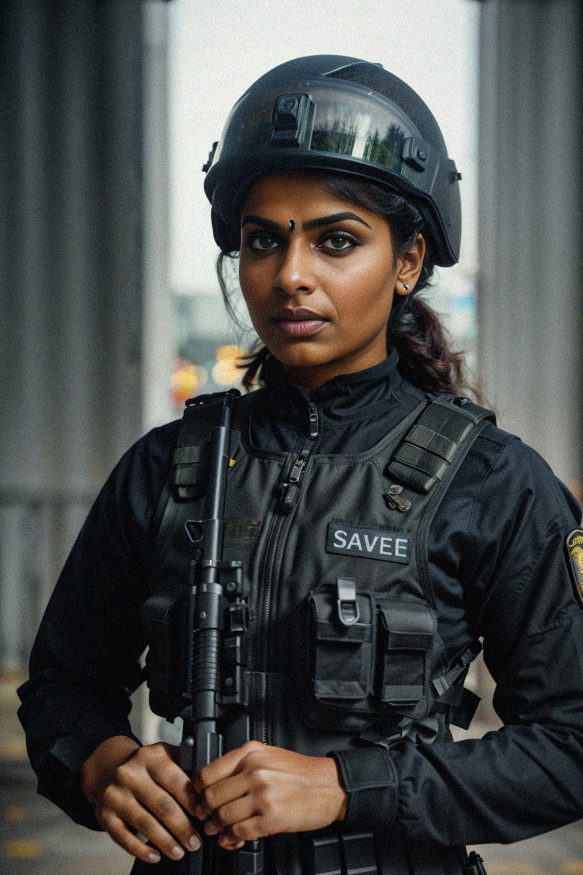 Woman as a SWAT Officer. wearing black swat vest, swat helmet, holding pdw - #7723415 - Royalty ...