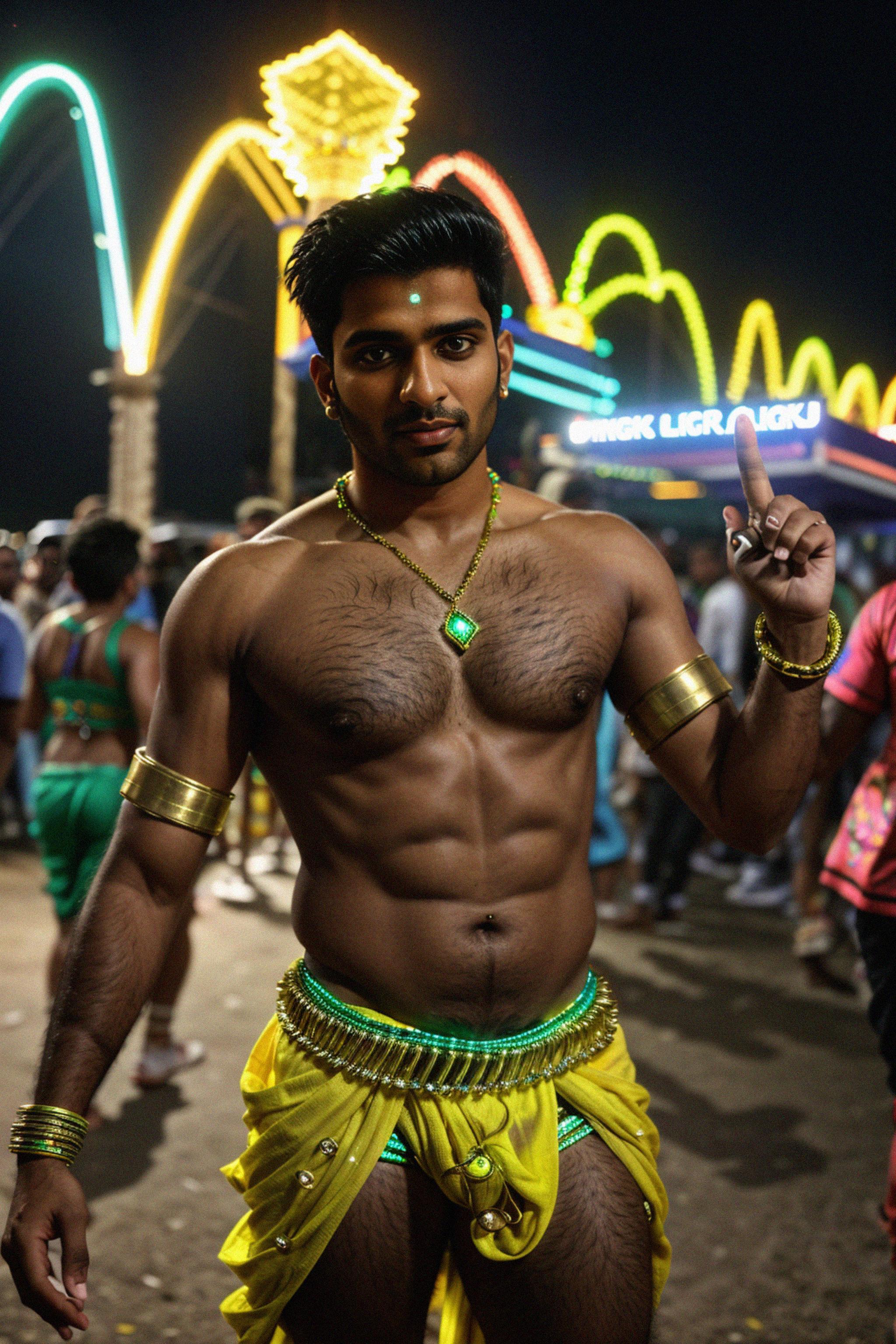 A man with glowing LED accessories, standing out in the crowd and ...